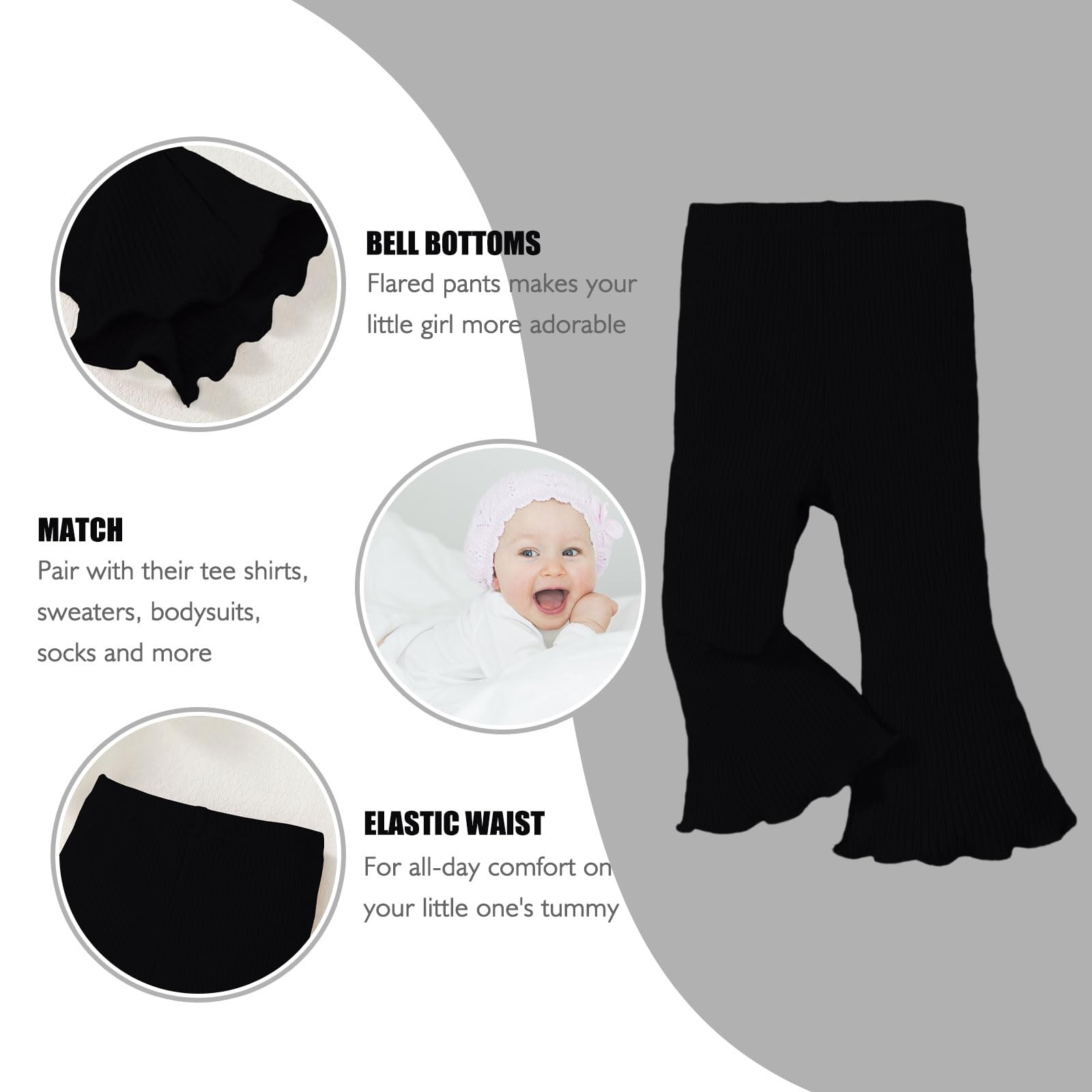 SOBOWO Toddler Flare Pants Baby Girl Flare Pants 3 Pack Solid Ribbed Ruffle Bell Bottoms Leggings Fall Outfits(Black/Beige/Brown, 18-24 Months)