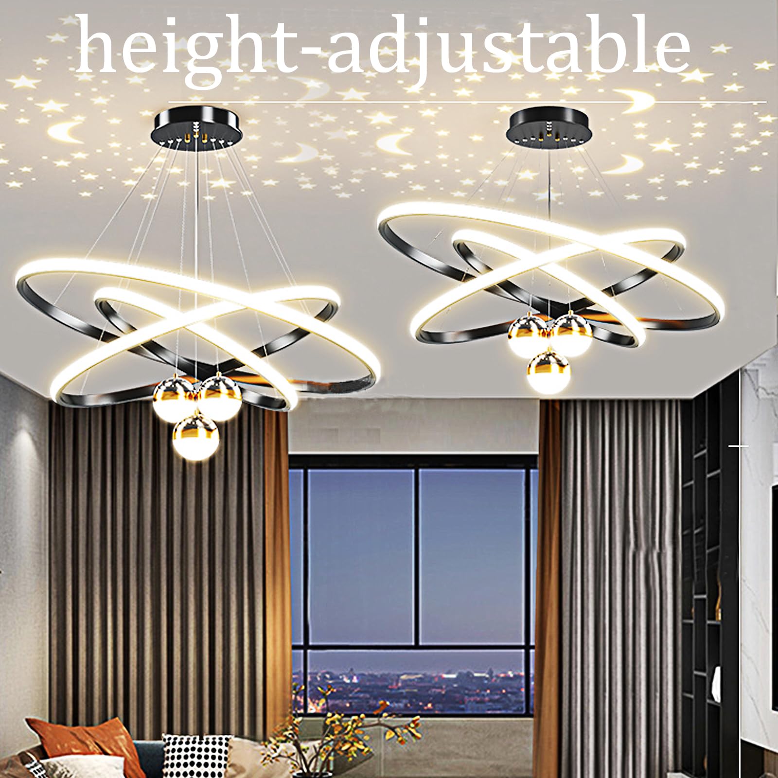 Modern LED Chandelier, 3 Rings Chandelier for Living Room with Remote Control , 3-Ball Dimmable chandelier with Mappable Lighting, High Ceiling Hanging Restaurant LED Chandelier for Dining Room