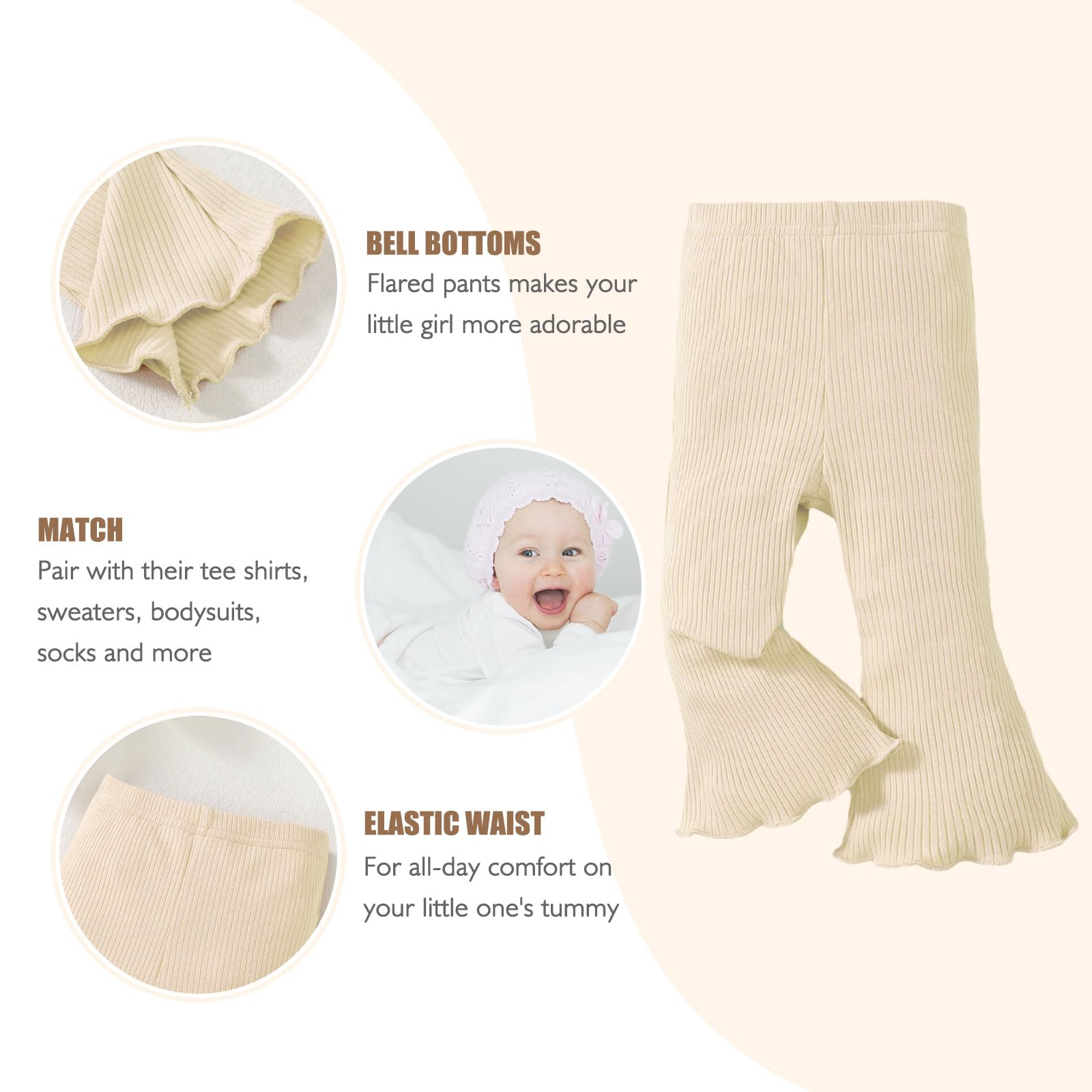 SOBOWO Toddler Flare Pants Baby Girl Flare Pants 3 Pack Solid Ribbed Ruffle Bell Bottoms Leggings Fall Outfits(Black/Beige/Brown, 18-24 Months)