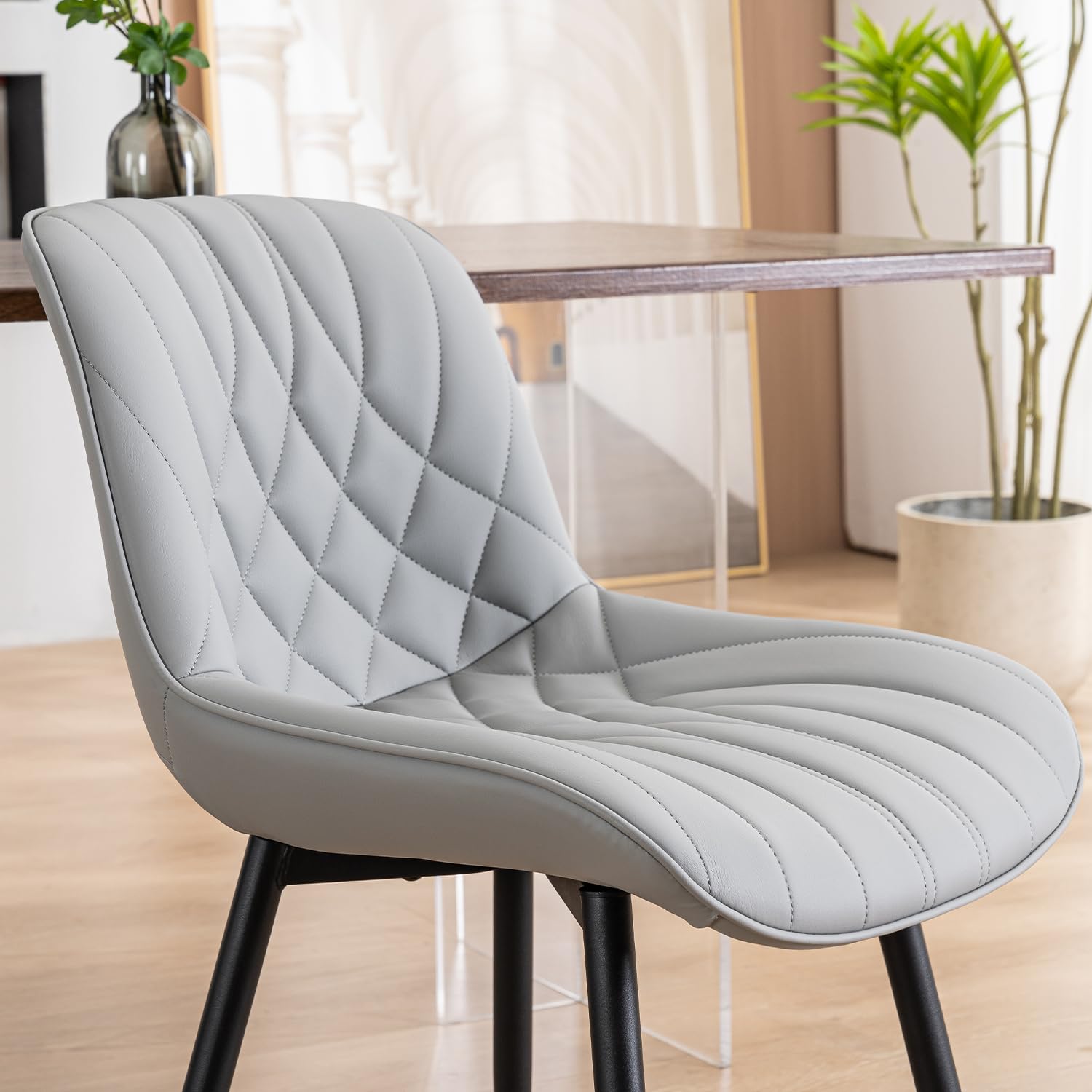 YOUNUOKE Dining Chairs Set of 2 Mid Century Modern Kitchen Chair Comfortable Upholstered Faux Leather Dinner Chairs for Kitchen Dining Room, Grey