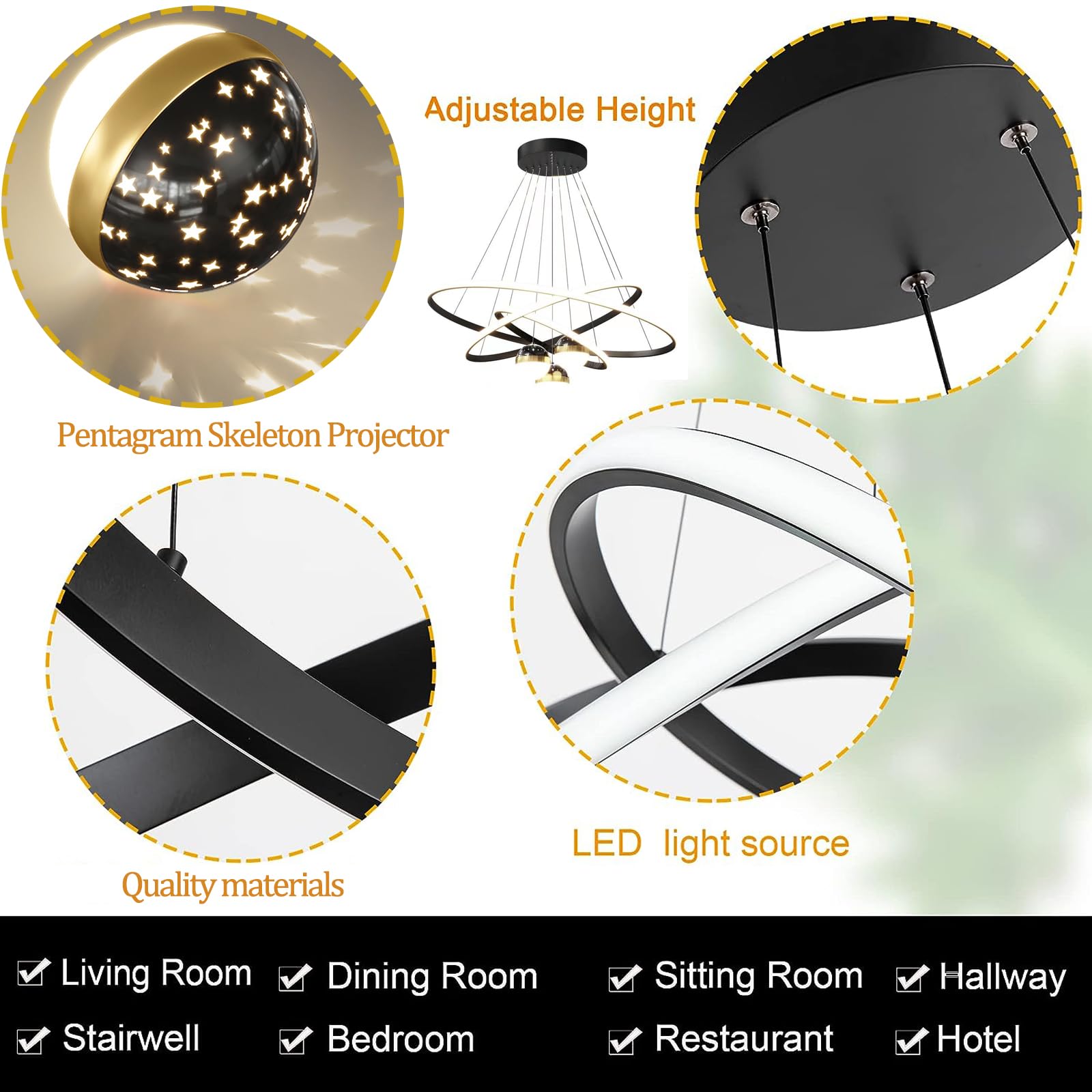 Modern LED Chandelier, 3 Rings Chandelier for Living Room with Remote Control , 3-Ball Dimmable chandelier with Mappable Lighting, High Ceiling Hanging Restaurant LED Chandelier for Dining Room