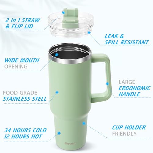 Skywerc 40 oz Tumbler With Handle and Straw | Double Wall Vacuum Insulated Travel Mug | Stainless Steel Water Bottle Cup | Keeps Drinks Cold up to 34 Hours | Cupholder Friendly | BPA Free | Pale Pink