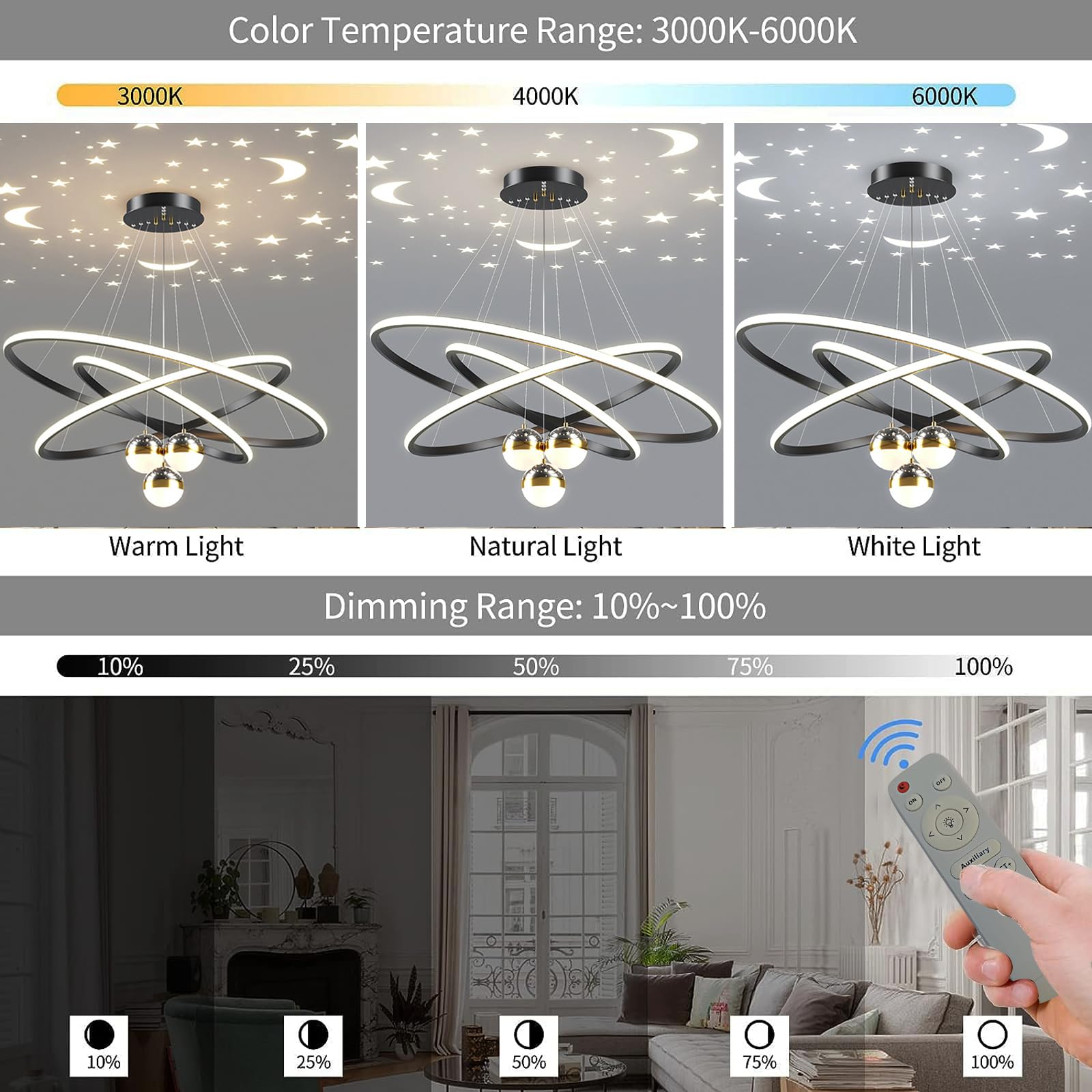 Modern LED Chandelier, 3 Rings Chandelier for Living Room with Remote Control , 3-Ball Dimmable chandelier with Mappable Lighting, High Ceiling Hanging Restaurant LED Chandelier for Dining Room