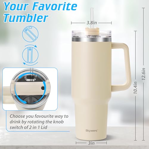 Skywerc 40 oz Tumbler With Handle and Straw | Double Wall Vacuum Insulated Travel Mug | Stainless Steel Water Bottle Cup | Keeps Drinks Cold up to 34 Hours | Cupholder Friendly | BPA Free | Pale Pink