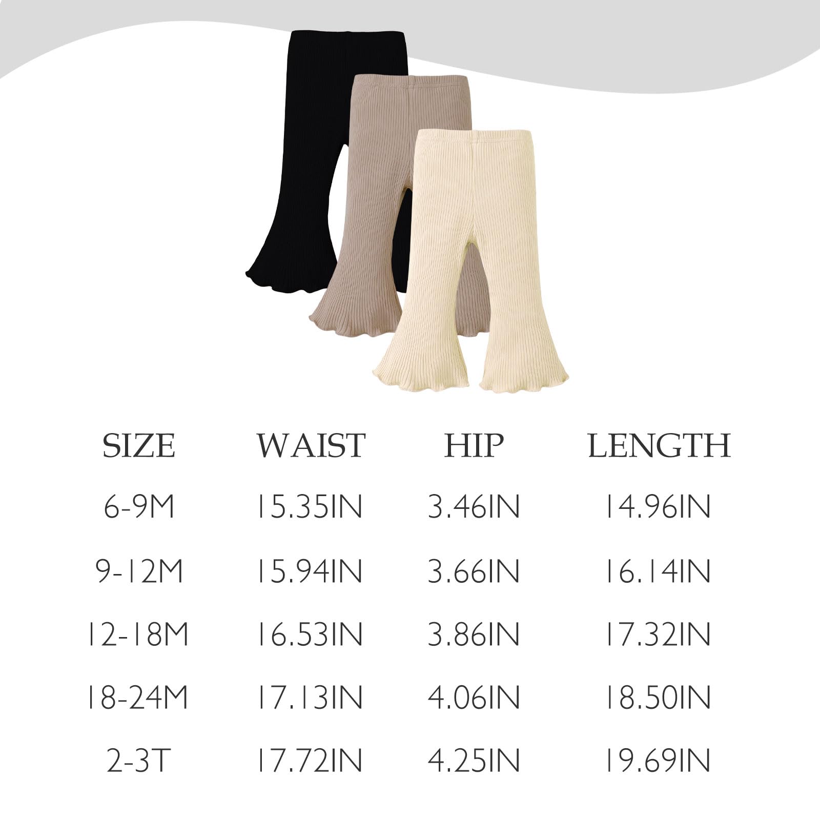 SOBOWO Toddler Flare Pants Baby Girl Flare Pants 3 Pack Solid Ribbed Ruffle Bell Bottoms Leggings Fall Outfits(Black/Beige/Brown, 18-24 Months)