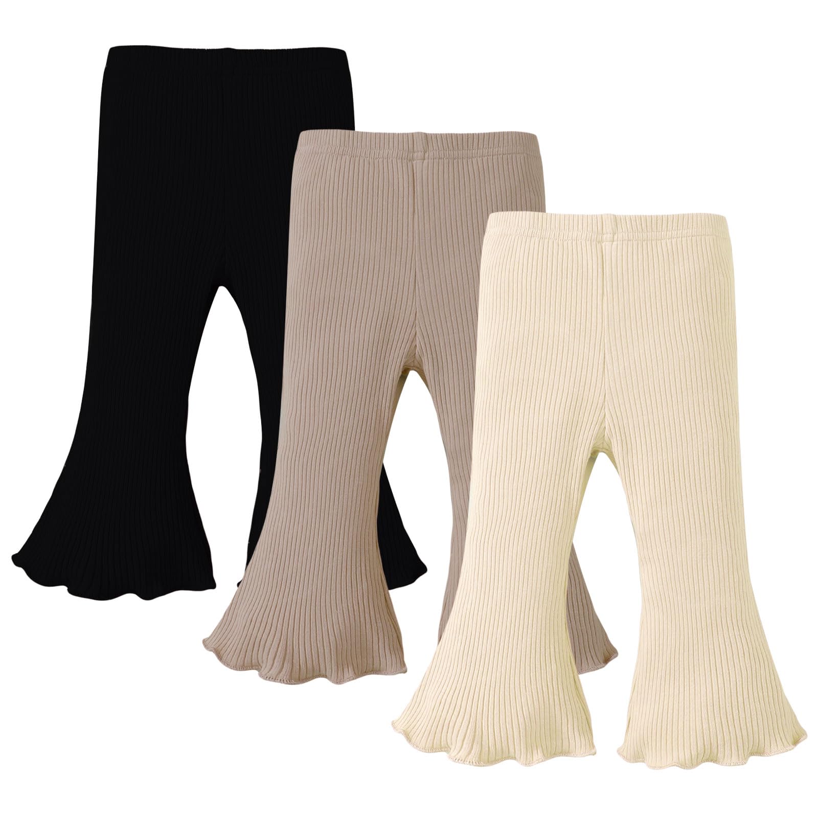 SOBOWO Toddler Flare Pants Baby Girl Flare Pants 3 Pack Solid Ribbed Ruffle Bell Bottoms Leggings Fall Outfits(Black/Beige/Brown, 18-24 Months)