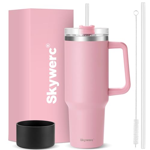 Skywerc 40 oz Tumbler With Handle and Straw | Double Wall Vacuum Insulated Travel Mug | Stainless Steel Water Bottle Cup | Keeps Drinks Cold up to 34 Hours | Cupholder Friendly | BPA Free | Pale Pink