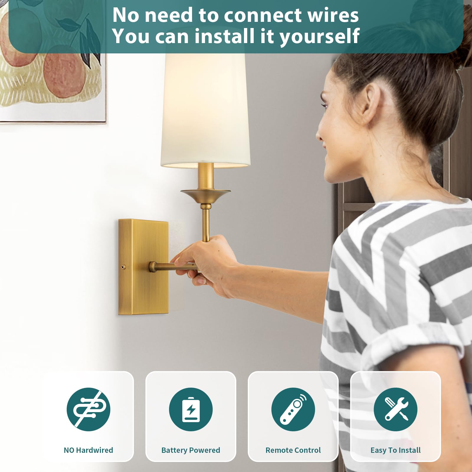 TERLEENART Rechargeable Battery Operated Wall Sconces Set of 2, Modern Mid Century Candlestick Style Wall Light Fixtures with Pure White Cylindrical Fabric Shade and Antique Brass Long Slim Stem