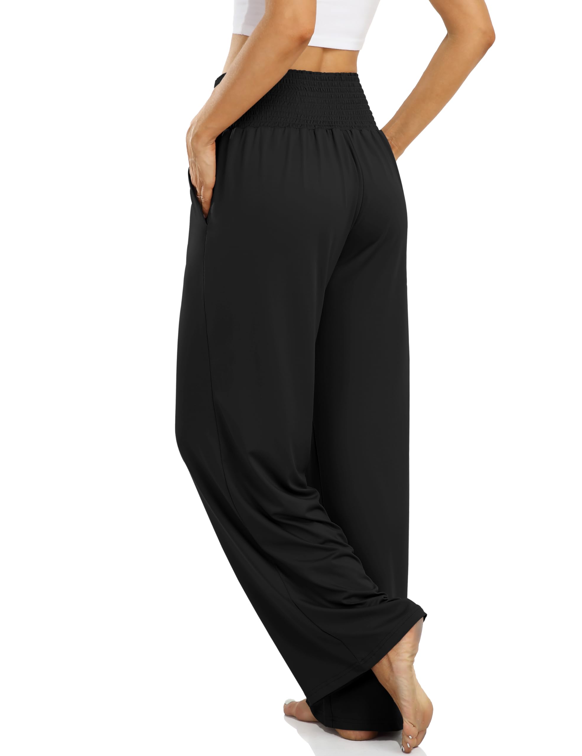 UEU Women's Wide Leg Pants Elastic High Waisted Travel Lounge Yoga Palazzo Pants with Pockets, Black, X-Large