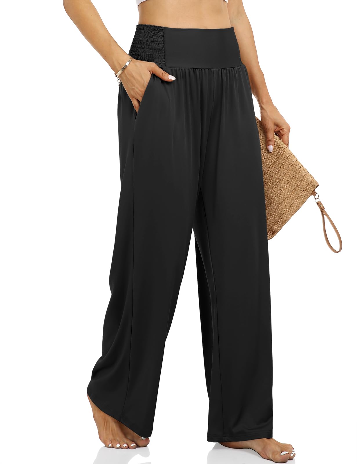 UEU Women's Wide Leg Pants Elastic High Waisted Travel Lounge Yoga Palazzo Pants with Pockets, Black, X-Large