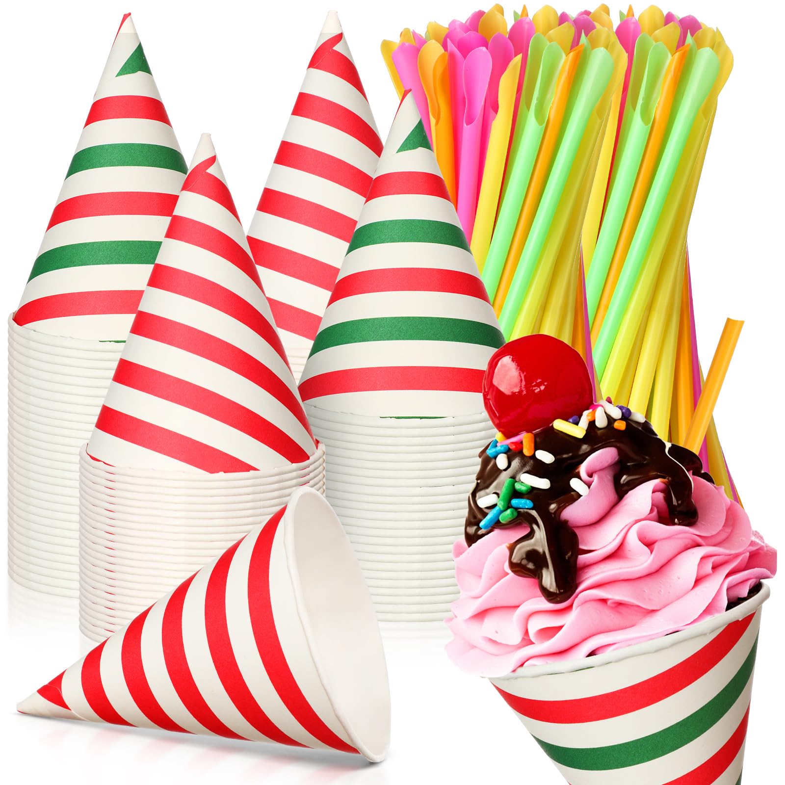 Tioncy 50 Pcs Christmas Snow Cone Cups Bulk with Straws Spoons for Kids Adults Disposable Shaved Ice Cups Paper Cone Cups Ice Cream Sorbet Cups Small Dispenser Cup Christmas Party Treat Favors(4 oz)
