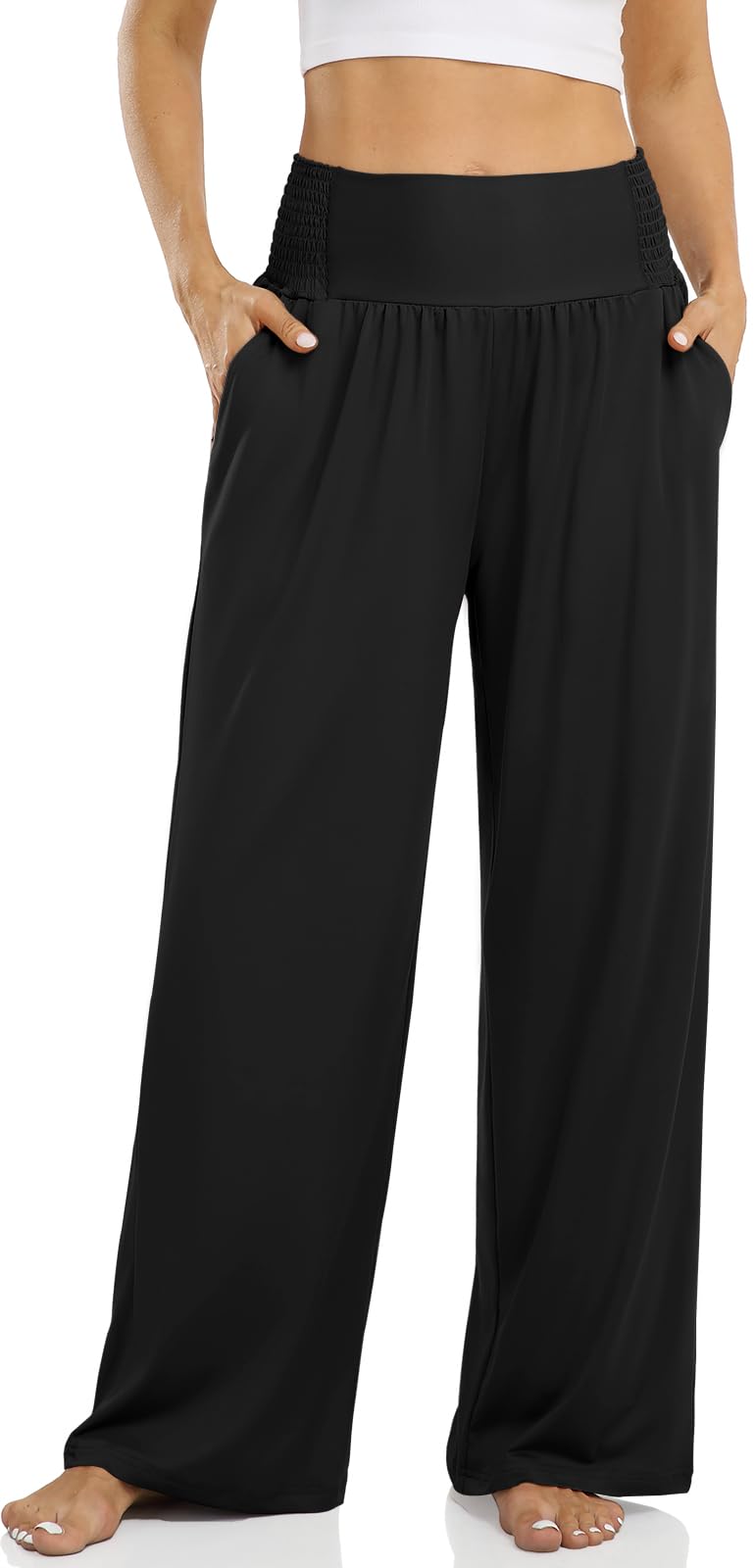 UEU Women's Wide Leg Pants Elastic High Waisted Travel Lounge Yoga Palazzo Pants with Pockets, Black, X-Large