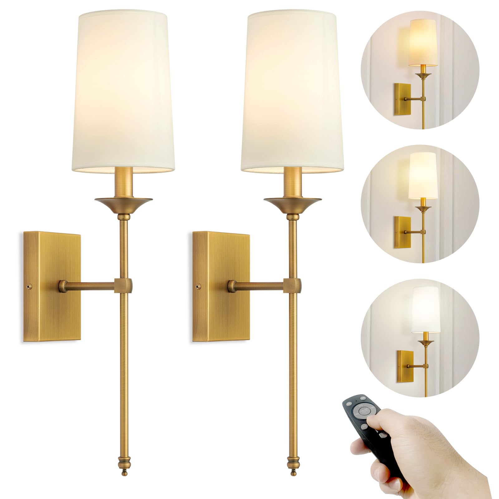 TERLEENART Rechargeable Battery Operated Wall Sconces Set of 2, Modern Mid Century Candlestick Style Wall Light Fixtures with Pure White Cylindrical Fabric Shade and Antique Brass Long Slim Stem