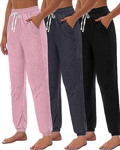 Ficerd 3 Pcs Women's Joggers Pants Casual Soft Sweatpants Lounge Pants High Waisted Athletic Joggers with Pockets (Black, Dark Gray, Pink,Small)