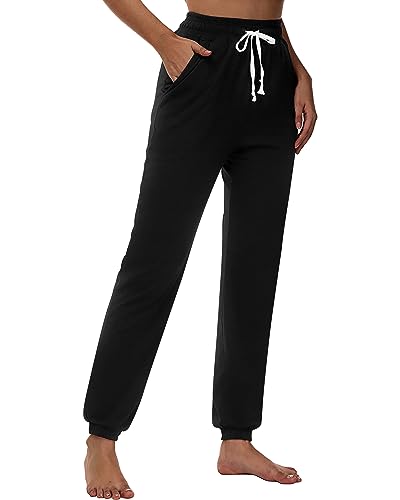 Ficerd 3 Pcs Women's Joggers Pants Casual Soft Sweatpants Lounge Pants High Waisted Athletic Joggers with Pockets (Black, Dark Gray, Pink,Small)