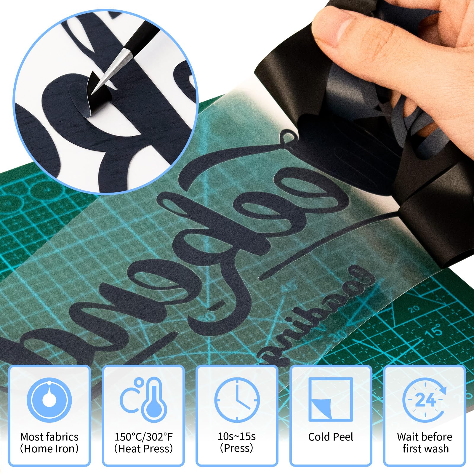 VinylRus Heat Transfer Vinyl-12” x 20ft Black and White Iron on Vinyl Roll for Shirts, HTV Vinyl for Silhouette Cameo, Cricut, Easy to Cut & Weed