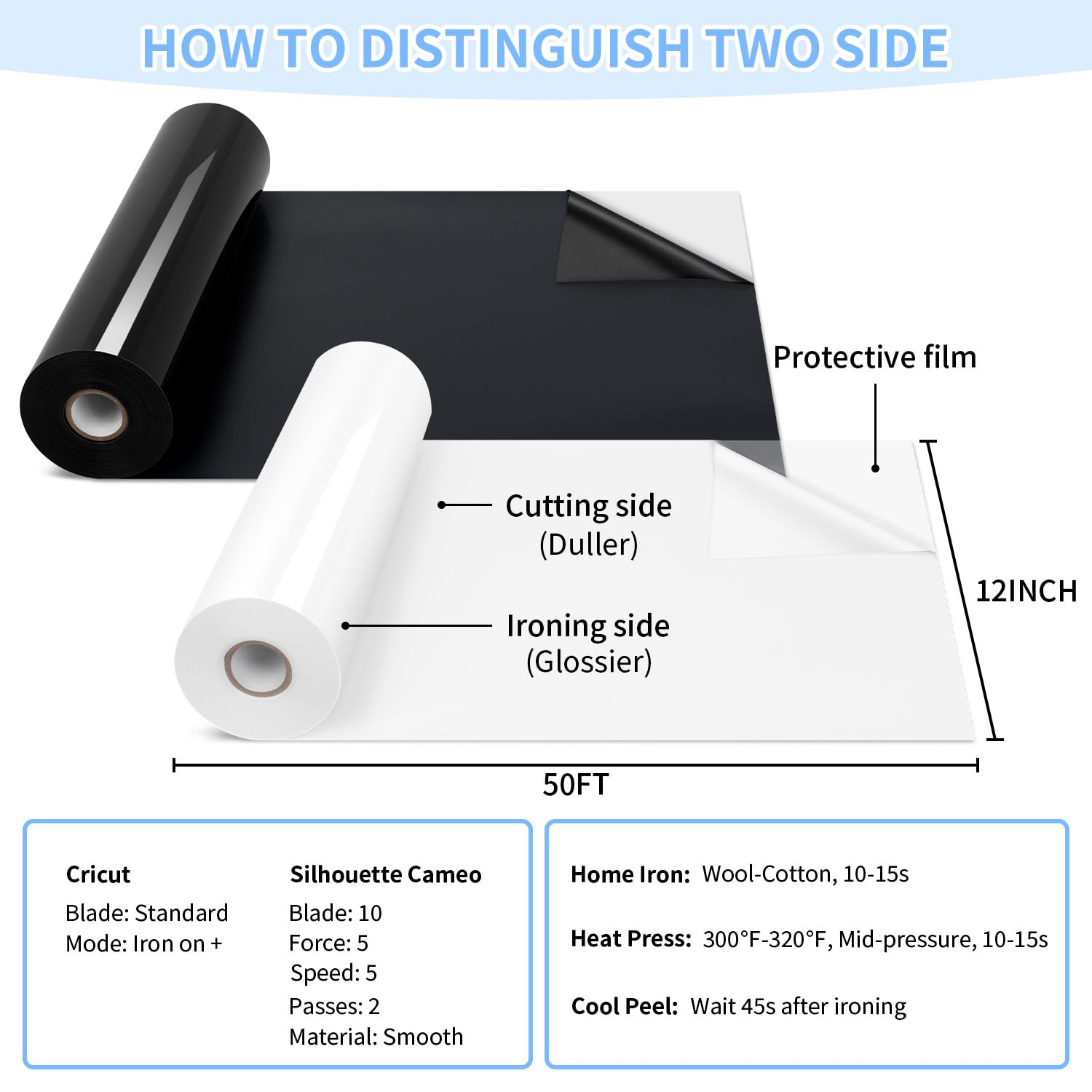 VinylRus Heat Transfer Vinyl-12” x 50ft Black and White Iron on Vinyl Roll for Shirts, HTV Vinyl for Silhouette Cameo, Cricut, Easy to Cut & Weed