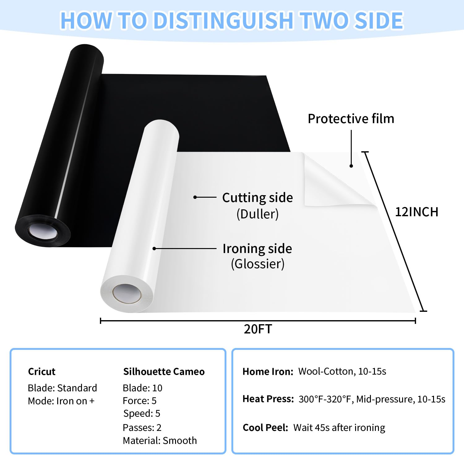 VinylRus Heat Transfer Vinyl-12” x 20ft Black and White Iron on Vinyl Roll for Shirts, HTV Vinyl for Silhouette Cameo, Cricut, Easy to Cut & Weed