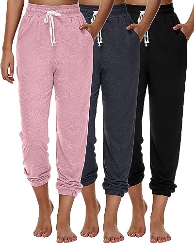 Ficerd 3 Pcs Women's Joggers Pants Casual Soft Sweatpants Lounge Pants High Waisted Athletic Joggers with Pockets (Black, Dark Gray, Pink,Small)
