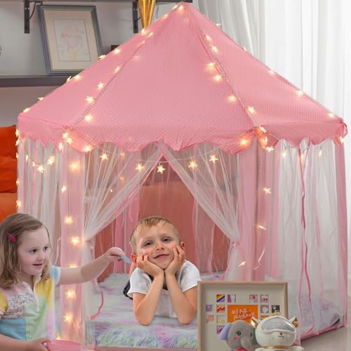 Princess Tent with Star Lights for Girls, Kids Tent Indoor or Outdoor Playhouse Toys, Pink Play Tent, 55" x 53" Castle Gifts for Kids Toddlers 3 4 5 6 7 8 9 10 Years Old