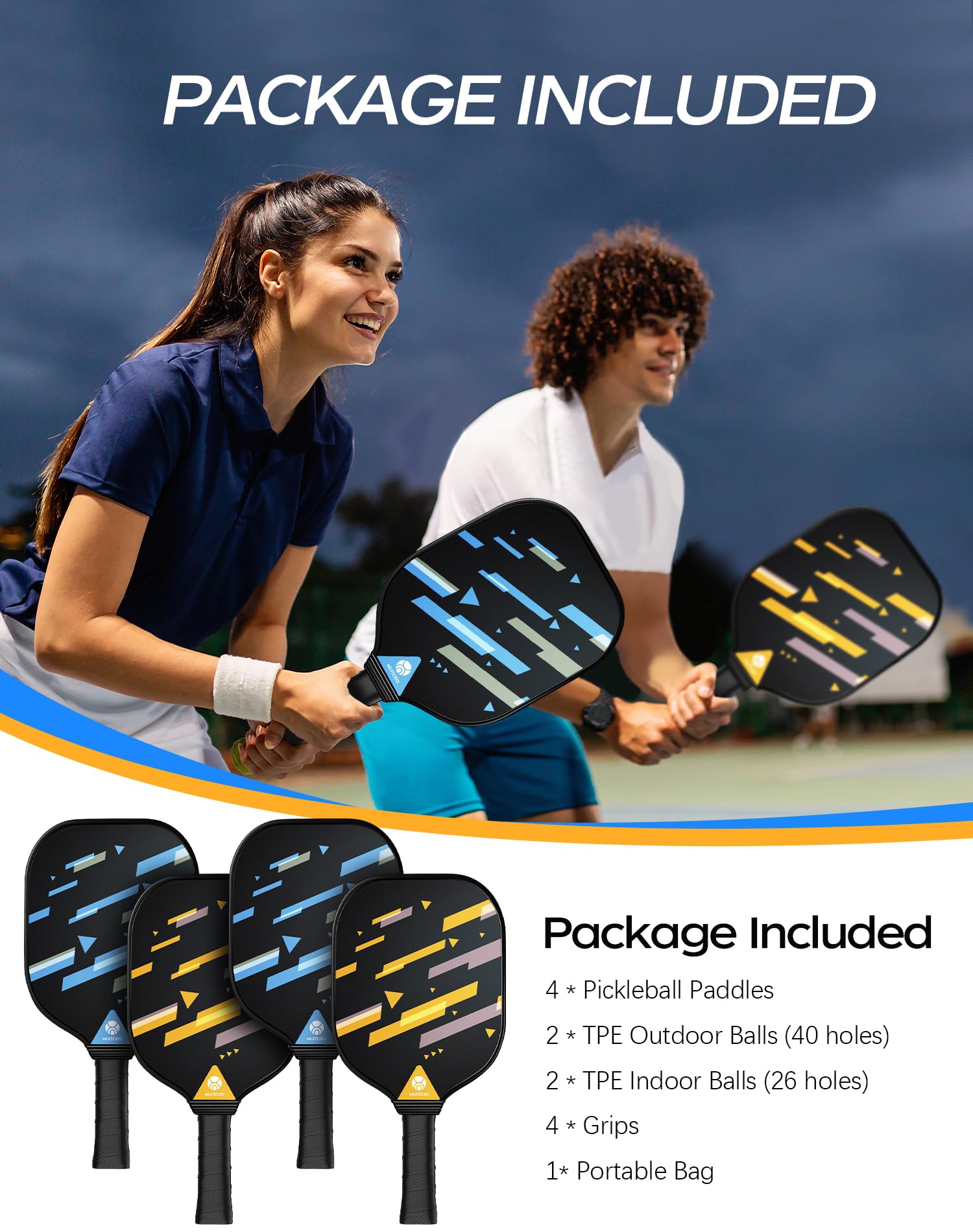 Muitcdo Pickleball Paddles Set of 4, USAPA Approved Pickleball Set with 4 Balls and 1 Carry Bag 4 Replacement Grips, Light Pickleball Rackets for Beginners and Intermediates Racquet for Men Wowen