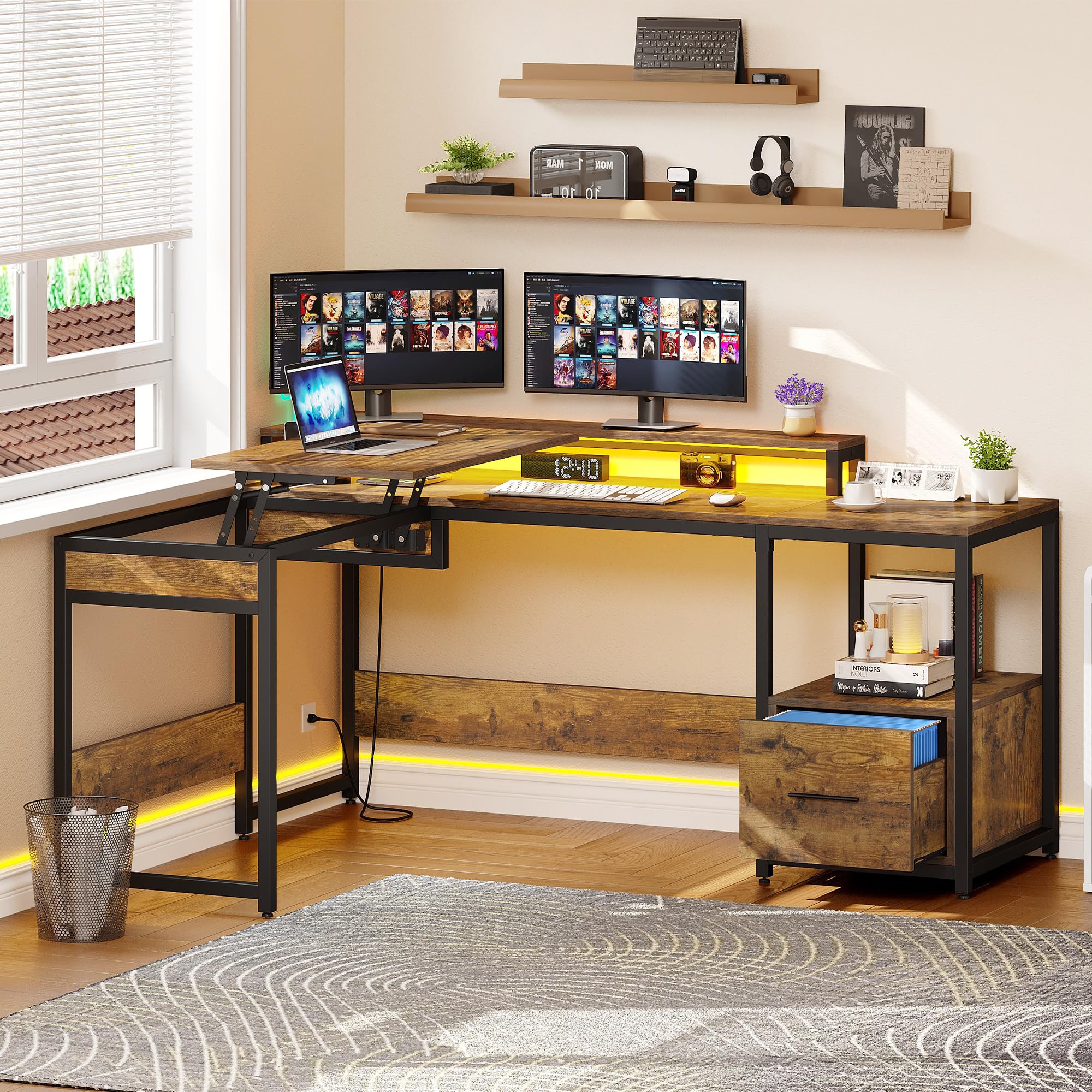 YITAHOME L Shaped Desk with Power Outlets & LED Lights, 65" Corner Computer Desk with File Drawer & Lift Top, Home Office Desk Height Adjustable Desk with Monitor Stand, Rustic Brown
