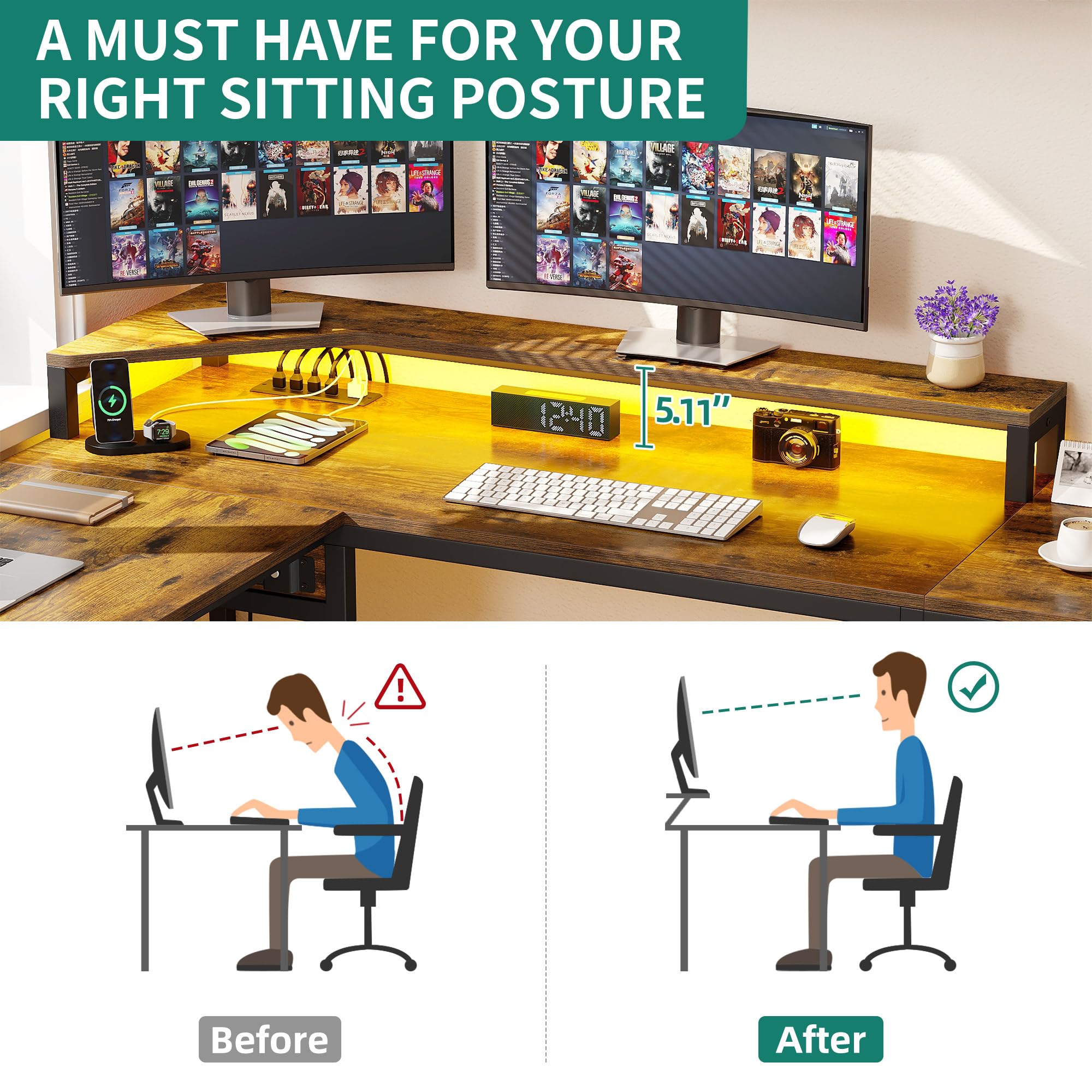 YITAHOME L Shaped Desk with Power Outlets & LED Lights, 65" Corner Computer Desk with File Drawer & Lift Top, Home Office Desk Height Adjustable Desk with Monitor Stand, Rustic Brown