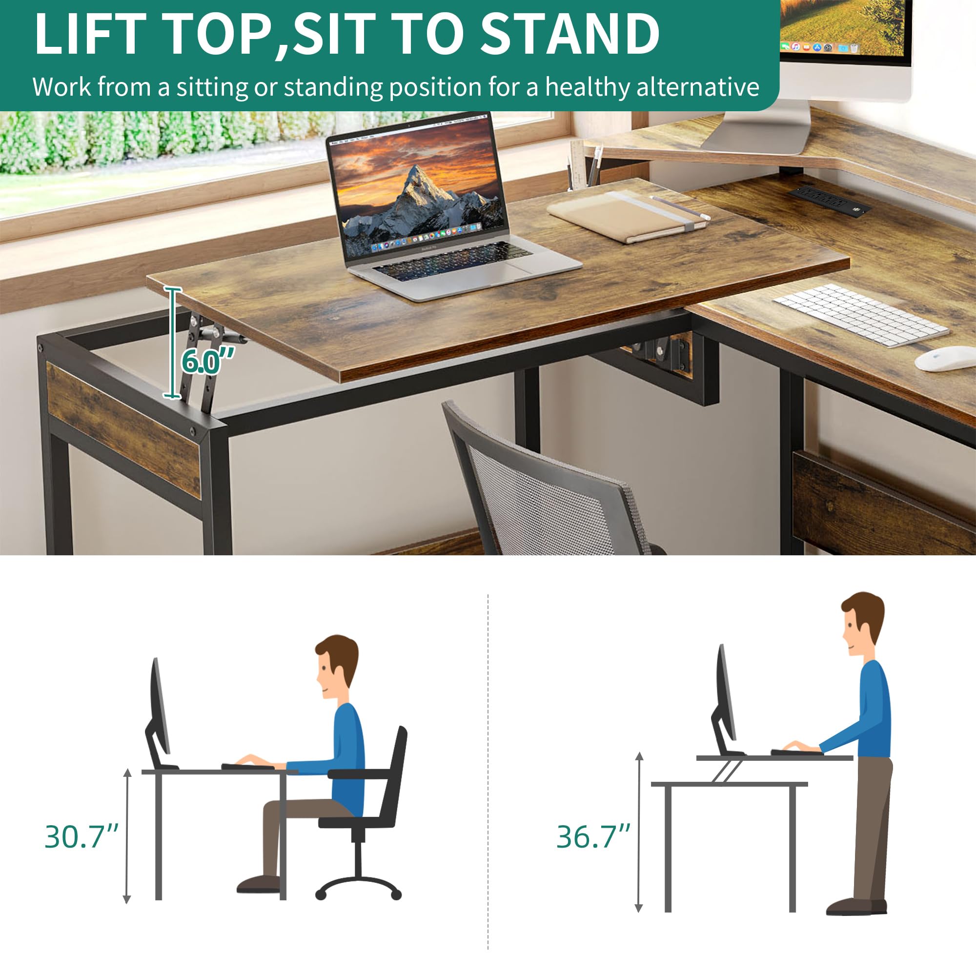 YITAHOME L Shaped Desk with Power Outlets & LED Lights, 65" Corner Computer Desk with File Drawer & Lift Top, Home Office Desk Height Adjustable Desk with Monitor Stand, Rustic Brown