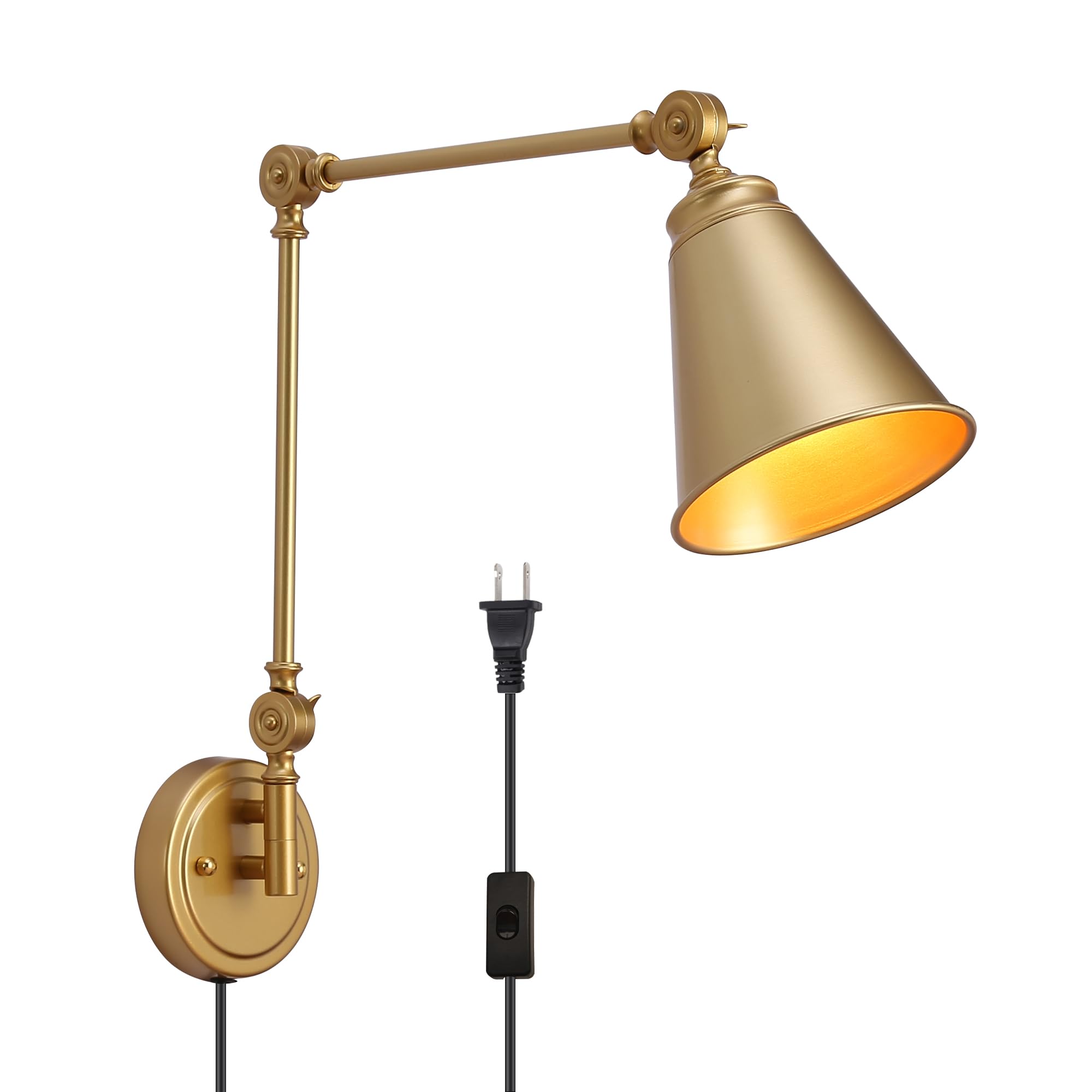 SUNLLOK Modern Gold Plug in Wall Sconce with Switch - Industrial Adjustable Swing Arm Hanging Wall Light Fixture - Indoor Metal Rustic Reading Wall Mounted Lamp Decoration for Living Room Kids Bedroom