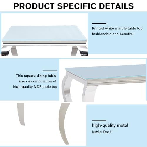 Nicemoods Modern Style Dining Table with Contemporary Tempered Contemporary White Glass Top S-Shaped Pedestal,Kitchen Table with Silver Stainless Steel Pedestal Base 59" Lx35.4 Wx29.5 H, Silver