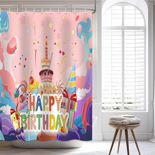 DLTAY Happy Birthday Shower Curtain, Birthday Cake Pattern Celebration Fete Day Birthday Party Decorations Gift Cute Pink Bathroom Decor Set with 12 Hooks, 72x72 inches