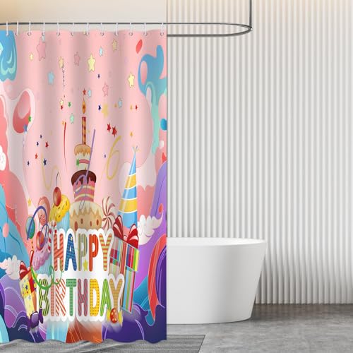 DLTAY Happy Birthday Shower Curtain, Birthday Cake Pattern Celebration Fete Day Birthday Party Decorations Gift Cute Pink Bathroom Decor Set with 12 Hooks, 72x72 inches