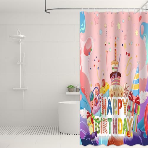 DLTAY Happy Birthday Shower Curtain, Birthday Cake Pattern Celebration Fete Day Birthday Party Decorations Gift Cute Pink Bathroom Decor Set with 12 Hooks, 72x72 inches