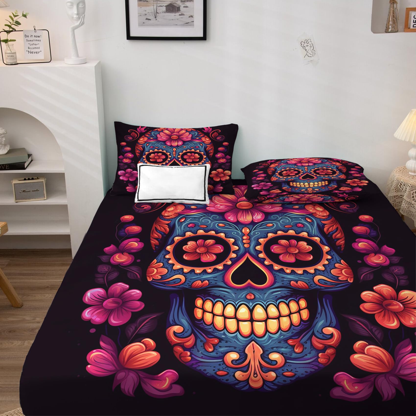 Sugar Skull Sheets Twin Size, Day of The Dead Bed Sheets, Patterned Bedding Sheets & Pillowcases 3 Piece Set - Soft Microfiber Deep Pocket Fitted Sheet & Flat Sheet & Pillow Case Z3-&-160