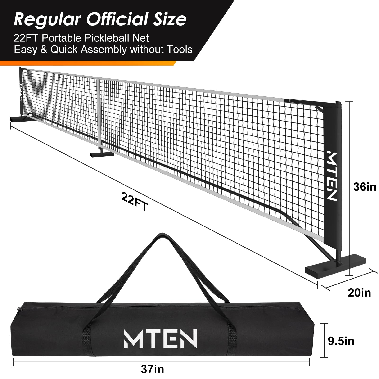 MTEN Pickleball Net, Portable Pickleball Net for Driveway, 22 FT USAPA Regulation Size, Steady Metal Frame, with Carrying Bag for Backyards, Driveways, Outdoor Indoor