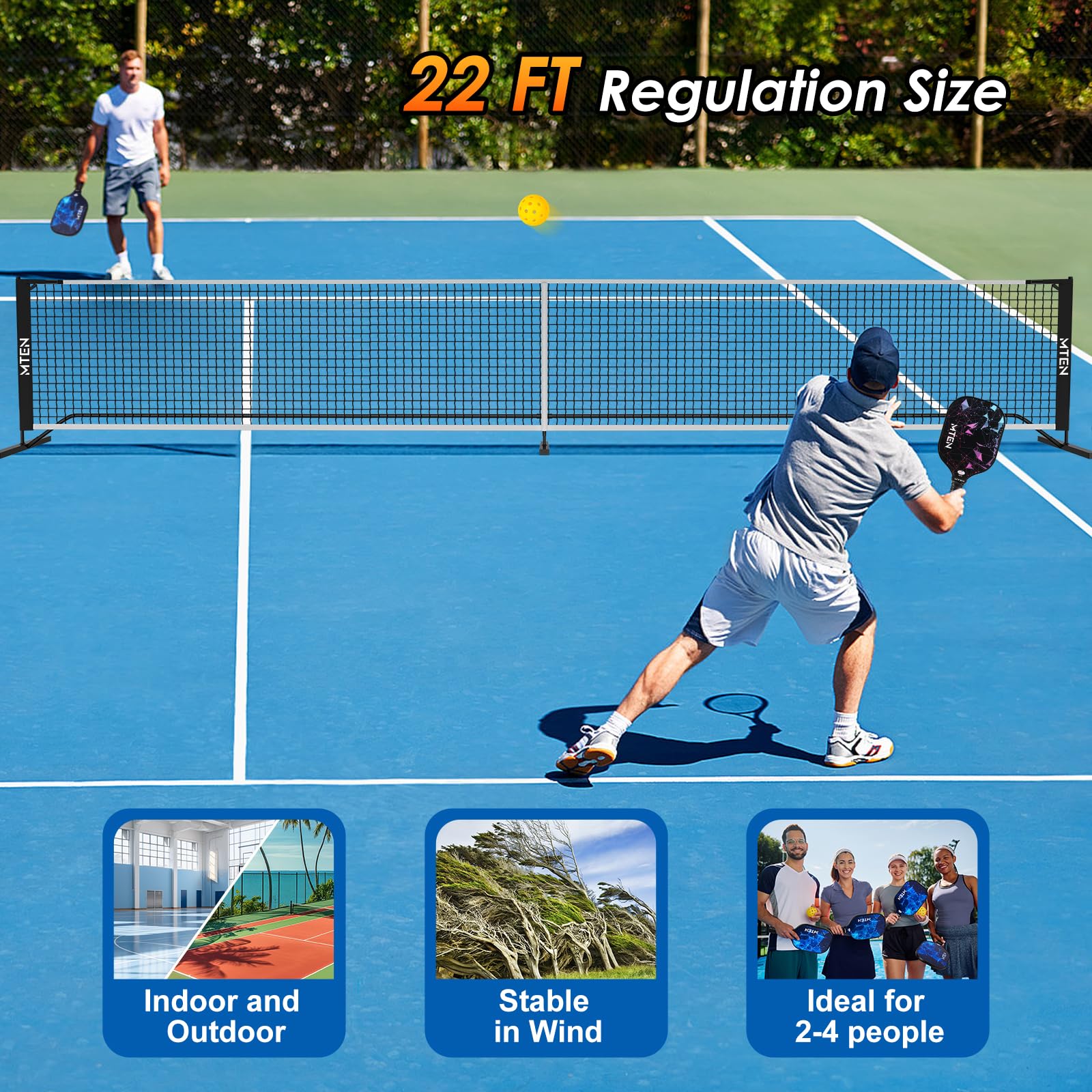 MTEN Pickleball Net, Portable Pickleball Net for Driveway, 22 FT USAPA Regulation Size, Steady Metal Frame, with Carrying Bag for Backyards, Driveways, Outdoor Indoor