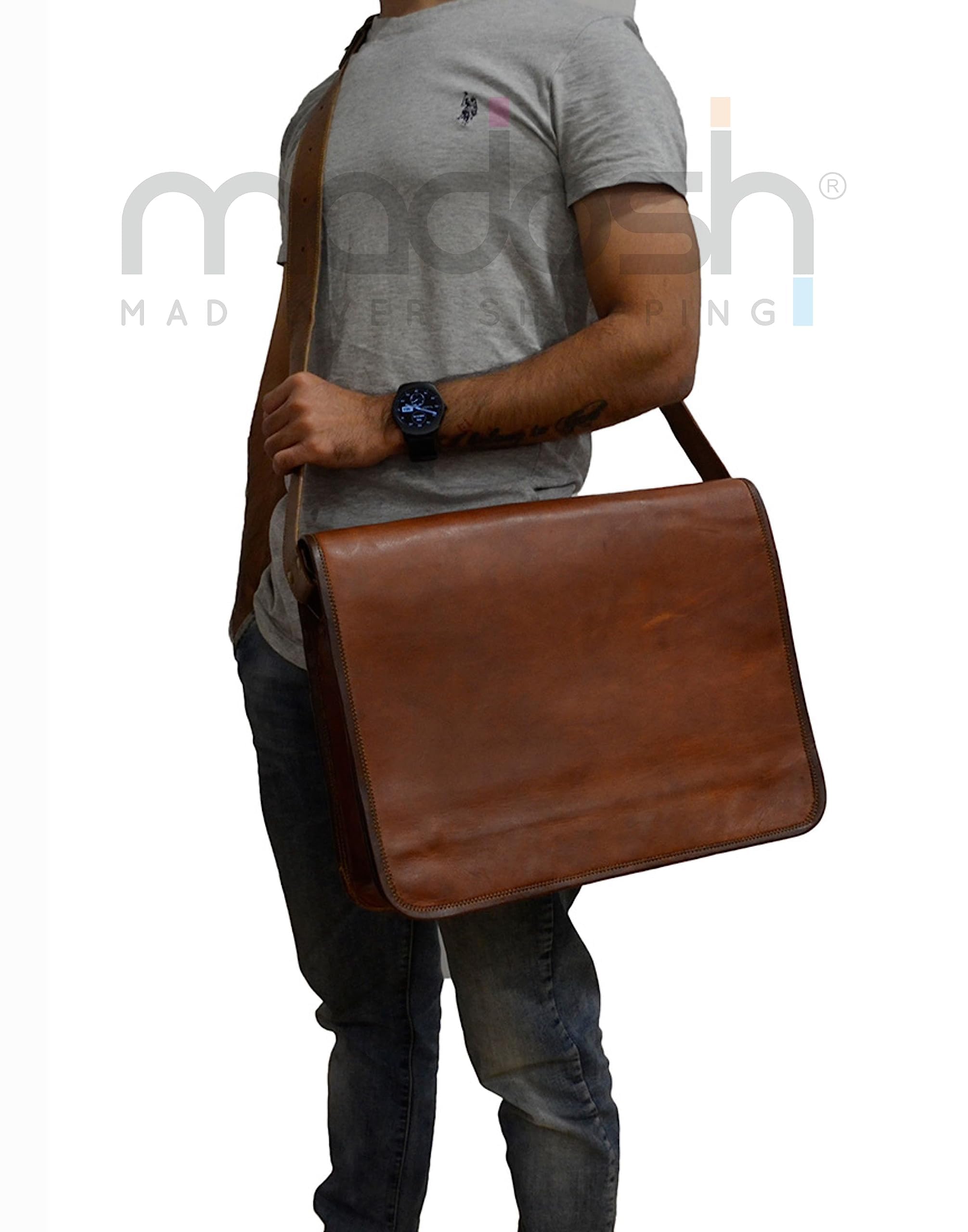 Madosh Leather Messenger Bag for Men Brown Handmade Shoulder Bag Travel Work Business Crossbody Bag