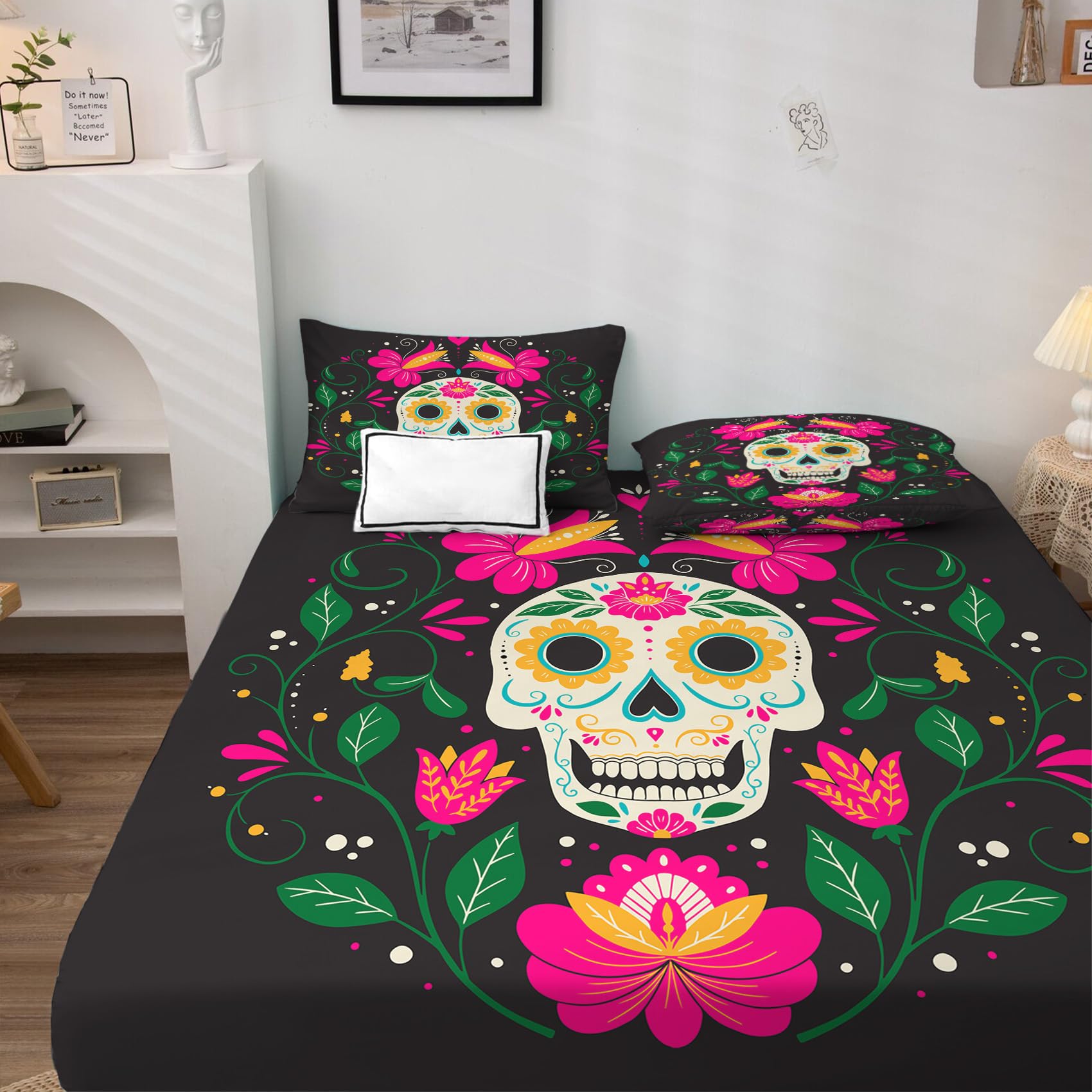 Sugar Skull Sheets Twin Size, Day of The Dead Bed Sheets, Patterned Bedding Sheets & Pillowcases 3 Piece Set - Soft Microfiber Deep Pocket Fitted Sheet & Flat Sheet & Pillow Case Z3-&-210