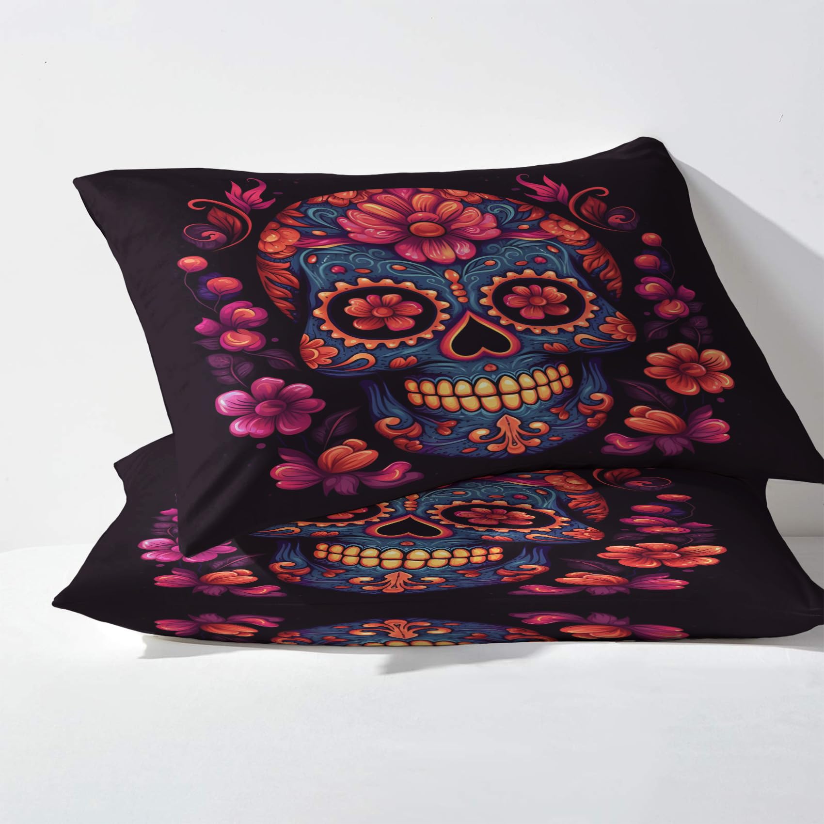 Sugar Skull Sheets Twin Size, Day of The Dead Bed Sheets, Patterned Bedding Sheets & Pillowcases 3 Piece Set - Soft Microfiber Deep Pocket Fitted Sheet & Flat Sheet & Pillow Case Z3-&-160