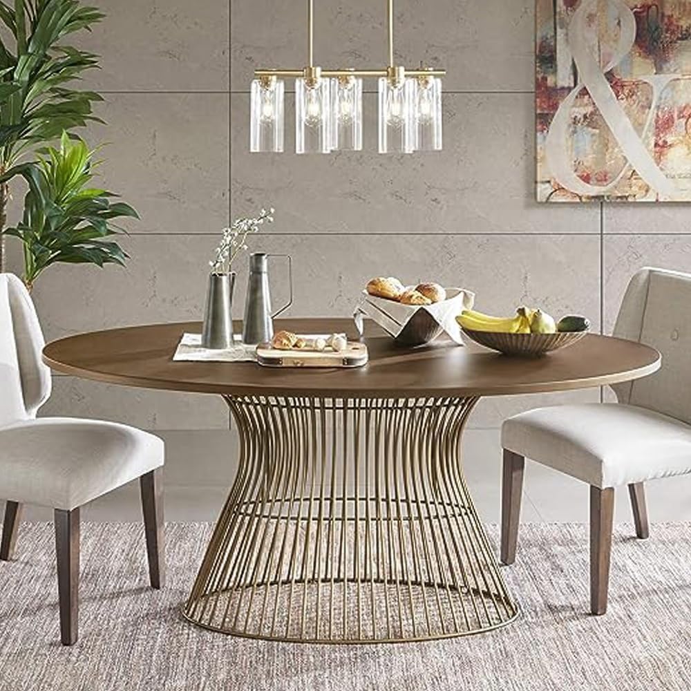 Oakestry 68" Oval Wooden Dining Table with Metal Wire Casing Base Elegant and Modern Style for 6 People Bronze Finish Contemporary Dining Table for Home or Kitchen