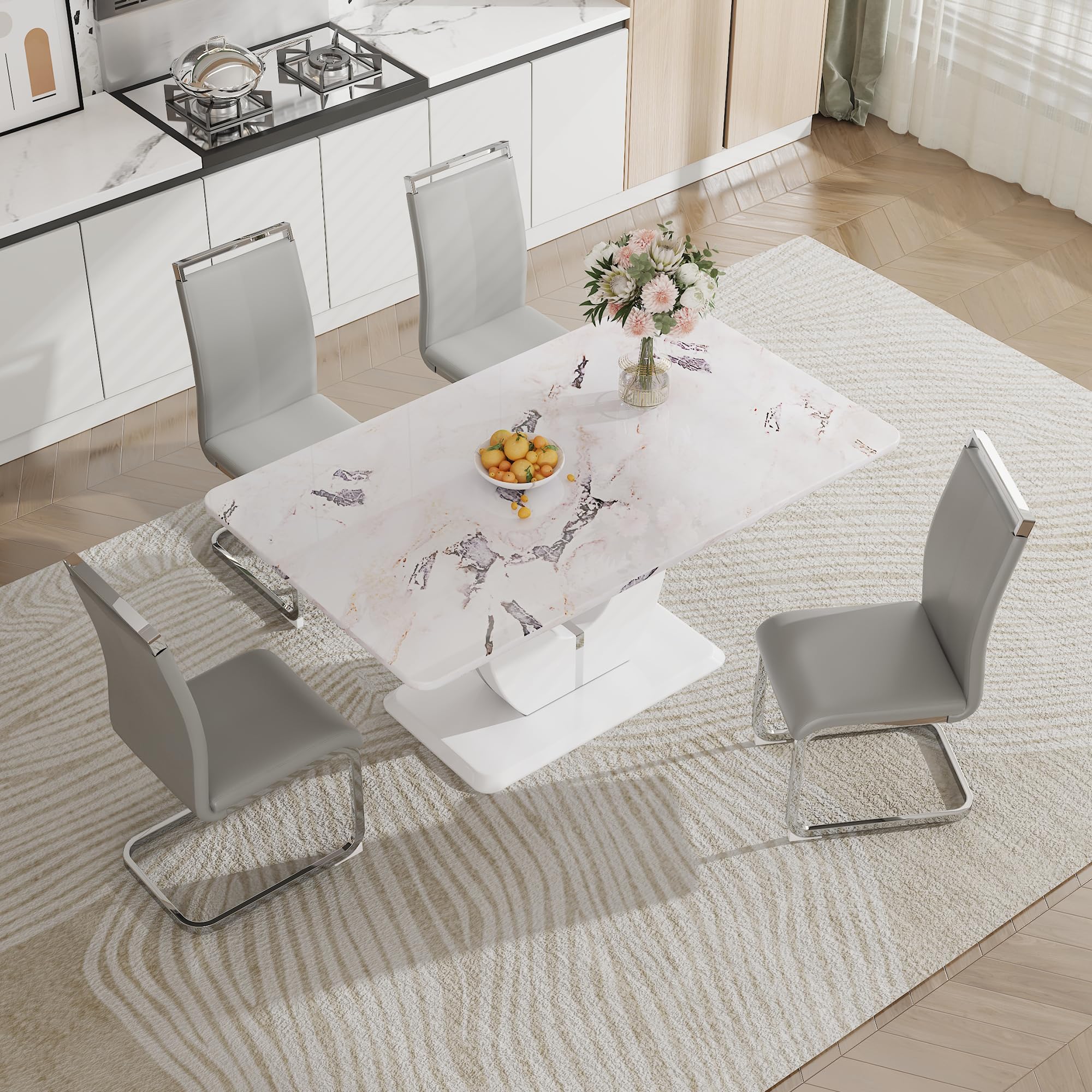 63" Marble Dining Table Set for 4, Modern Dining Room Table with 1.4" Faux Marble Top & 4 Light Gray Upholstered Dining Chairs, 5 Piece Dining Table Set for Dining Kitchen
