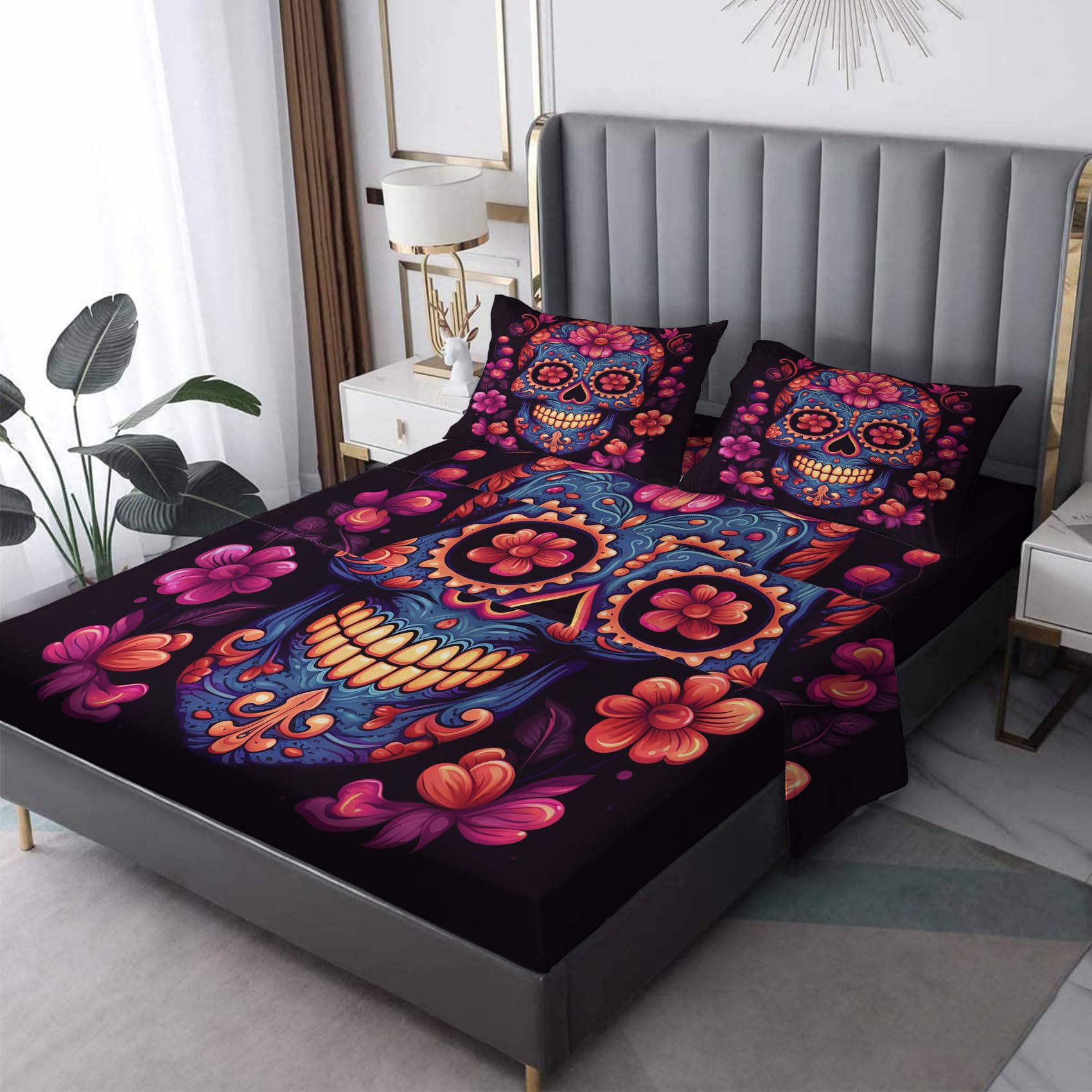 Sugar Skull Sheets Twin Size, Day of The Dead Bed Sheets, Patterned Bedding Sheets & Pillowcases 3 Piece Set - Soft Microfiber Deep Pocket Fitted Sheet & Flat Sheet & Pillow Case Z3-&-160
