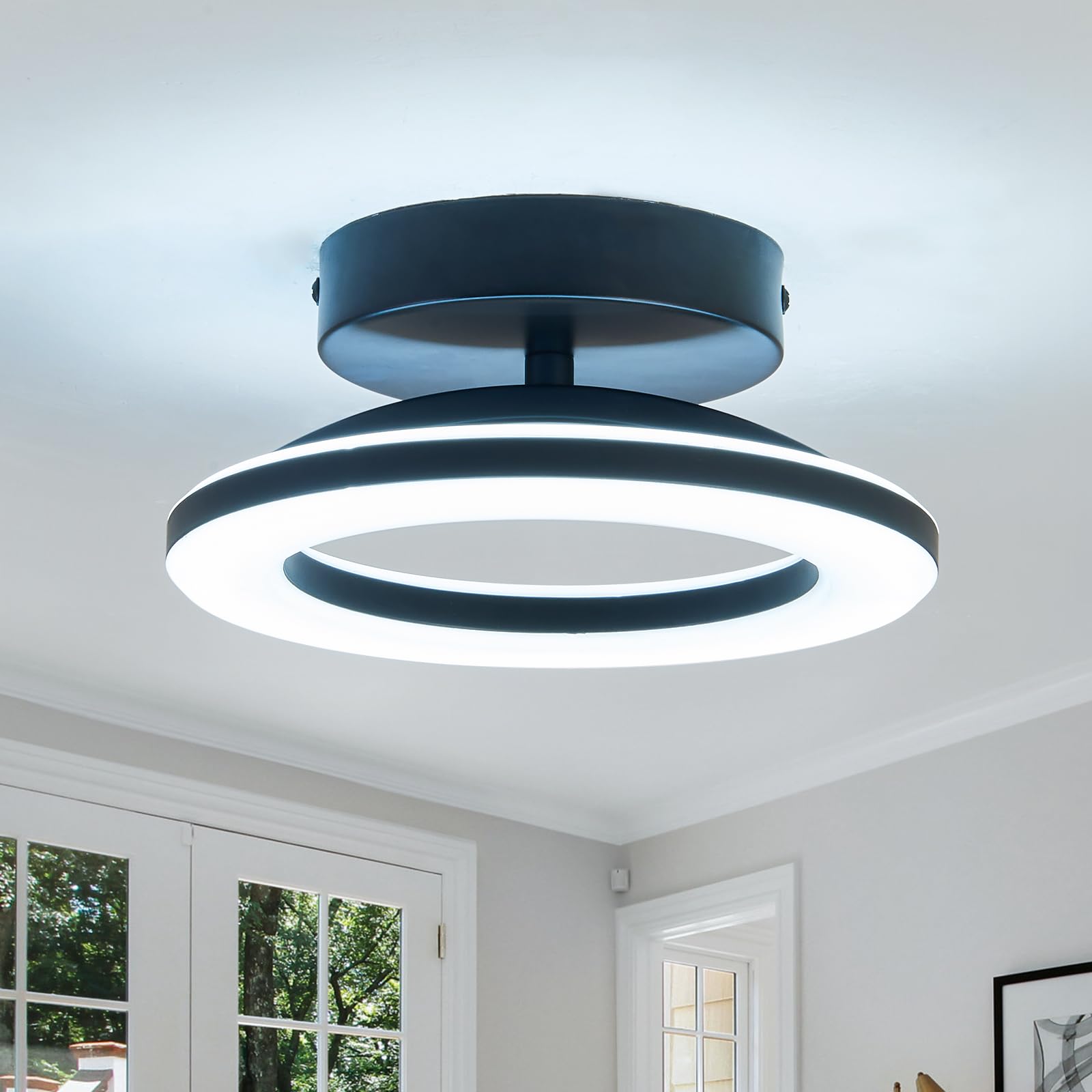 SHIKHO Modern Led Ceiling Light Fixture Black 7.7Inch Round Semi Flush Mount Ceiling Light 12W 6000K Indoor Small Ceiling lamp for Closet Hallway Bathroom Porch Bedroom Kitchen