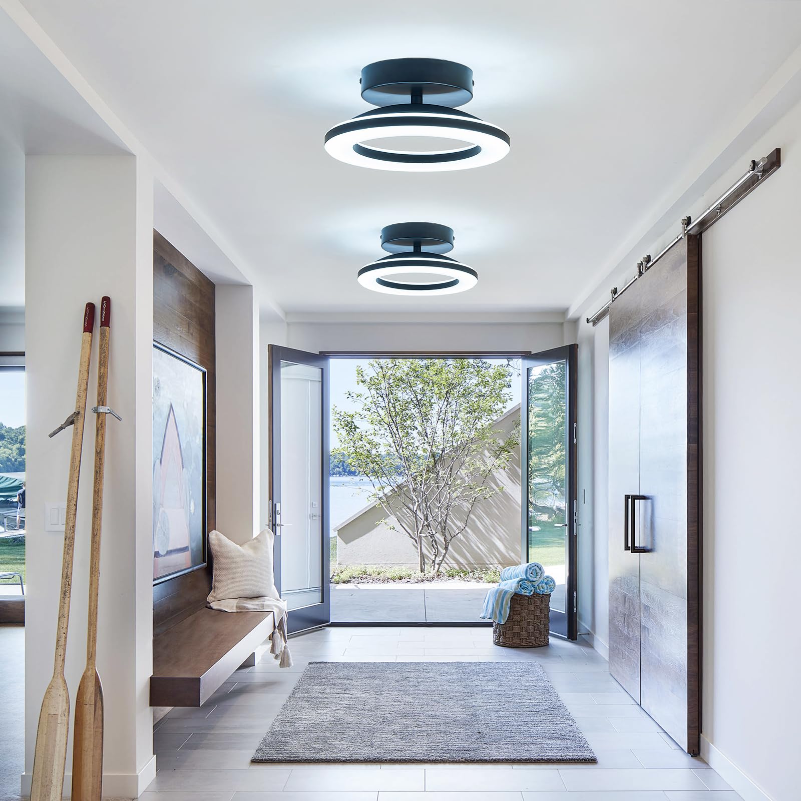 SHIKHO Modern Led Ceiling Light Fixture Black 7.7Inch Round Semi Flush Mount Ceiling Light 12W 6000K Indoor Small Ceiling lamp for Closet Hallway Bathroom Porch Bedroom Kitchen