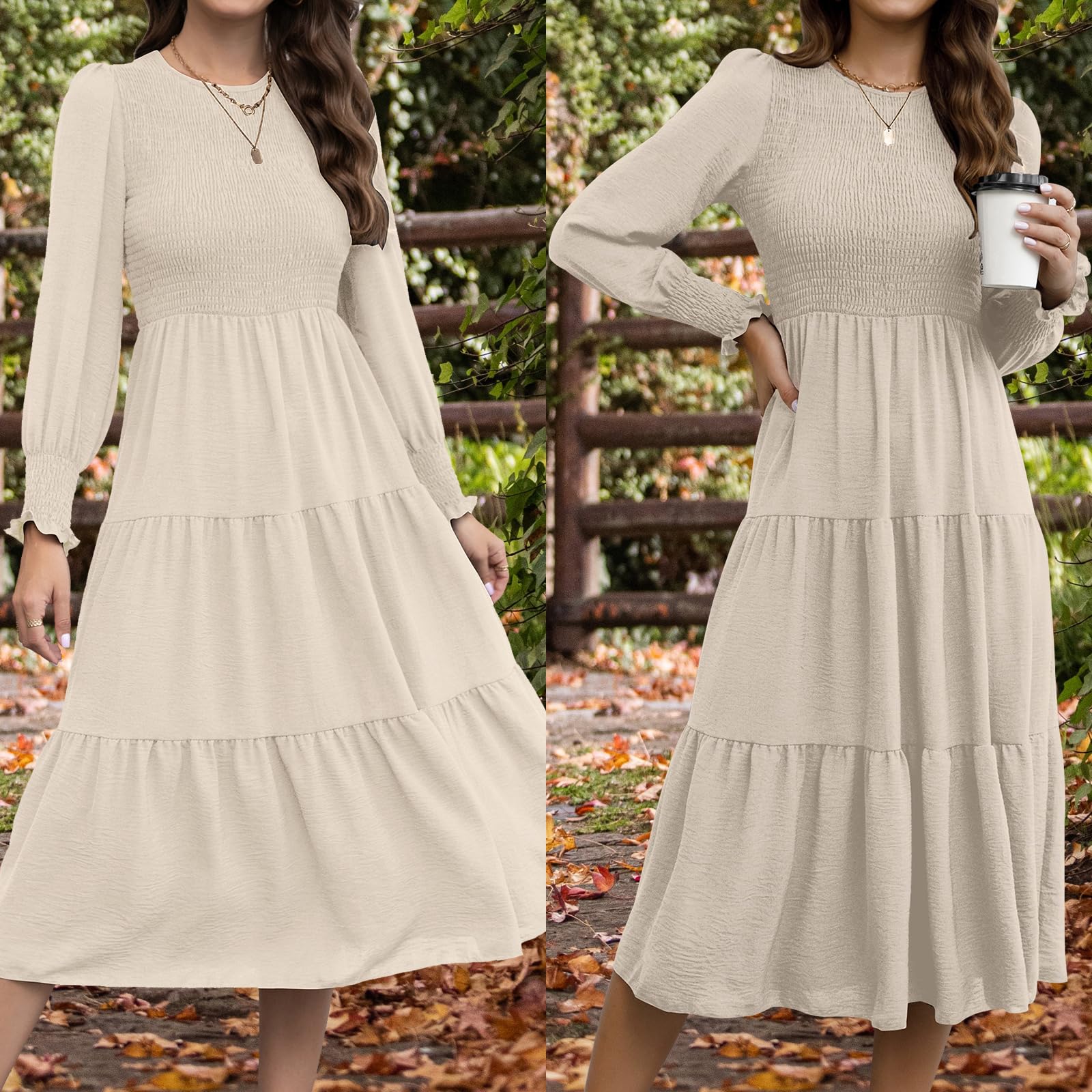ZOOMOON Women’s Smocked Puff Sleeve Dress 2025 Fall Winter Crewneck Tiered Midi Flowy Dresses(Beige,XL)