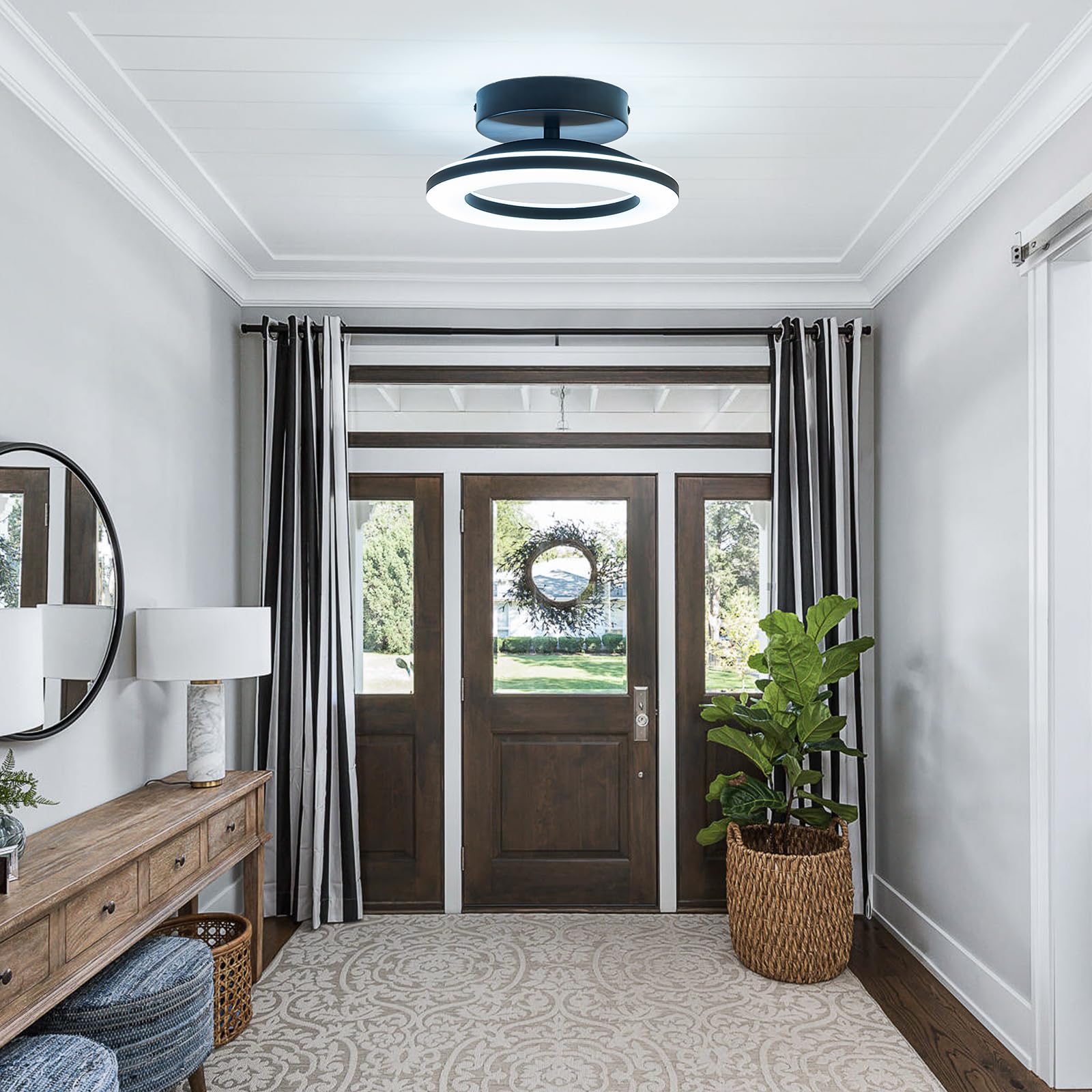 SHIKHO Modern Led Ceiling Light Fixture Black 7.7Inch Round Semi Flush Mount Ceiling Light 12W 6000K Indoor Small Ceiling lamp for Closet Hallway Bathroom Porch Bedroom Kitchen