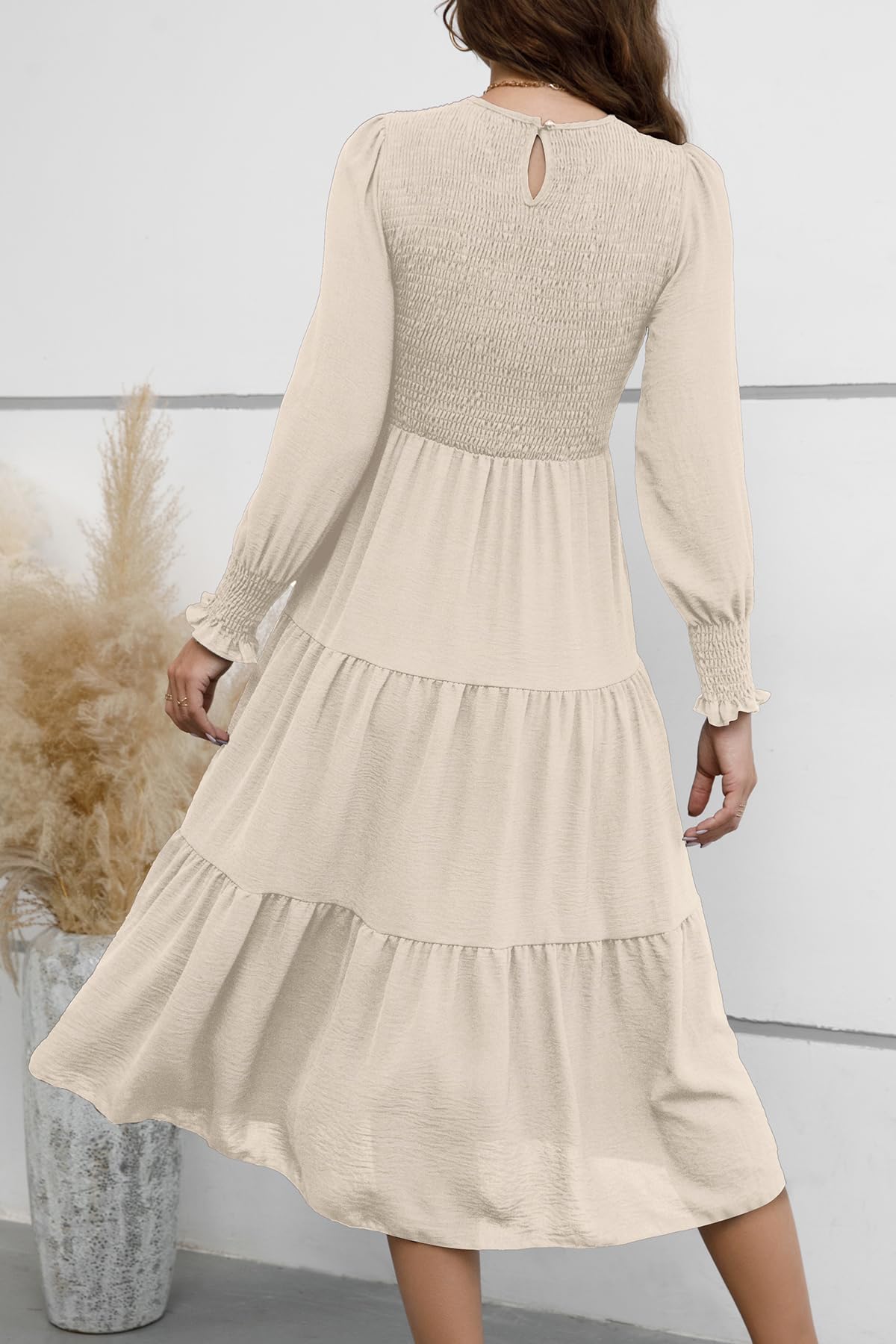 ZOOMOON Women’s Smocked Puff Sleeve Dress 2025 Fall Winter Crewneck Tiered Midi Flowy Dresses(Beige,XL)