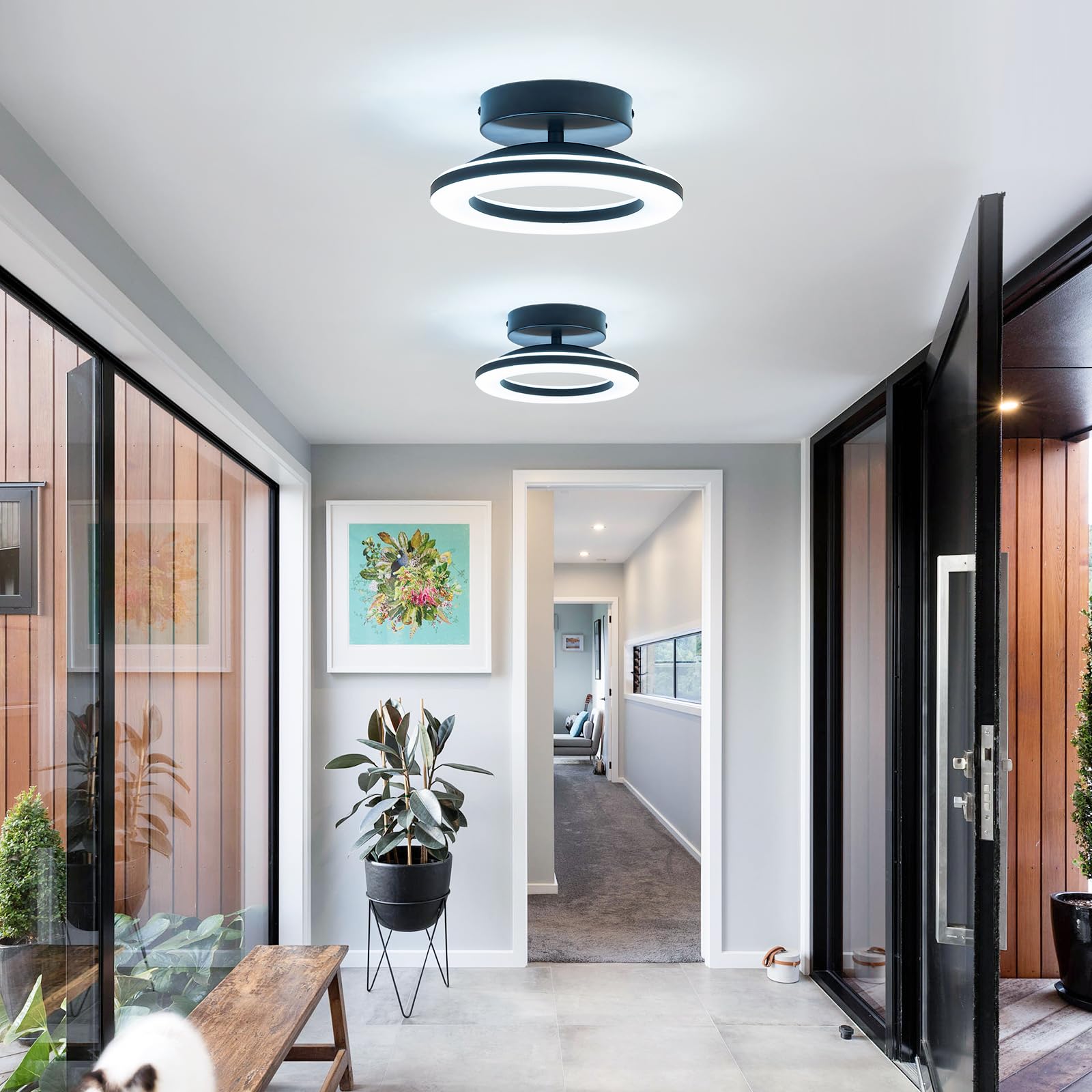SHIKHO Modern Led Ceiling Light Fixture Black 7.7Inch Round Semi Flush Mount Ceiling Light 12W 6000K Indoor Small Ceiling lamp for Closet Hallway Bathroom Porch Bedroom Kitchen