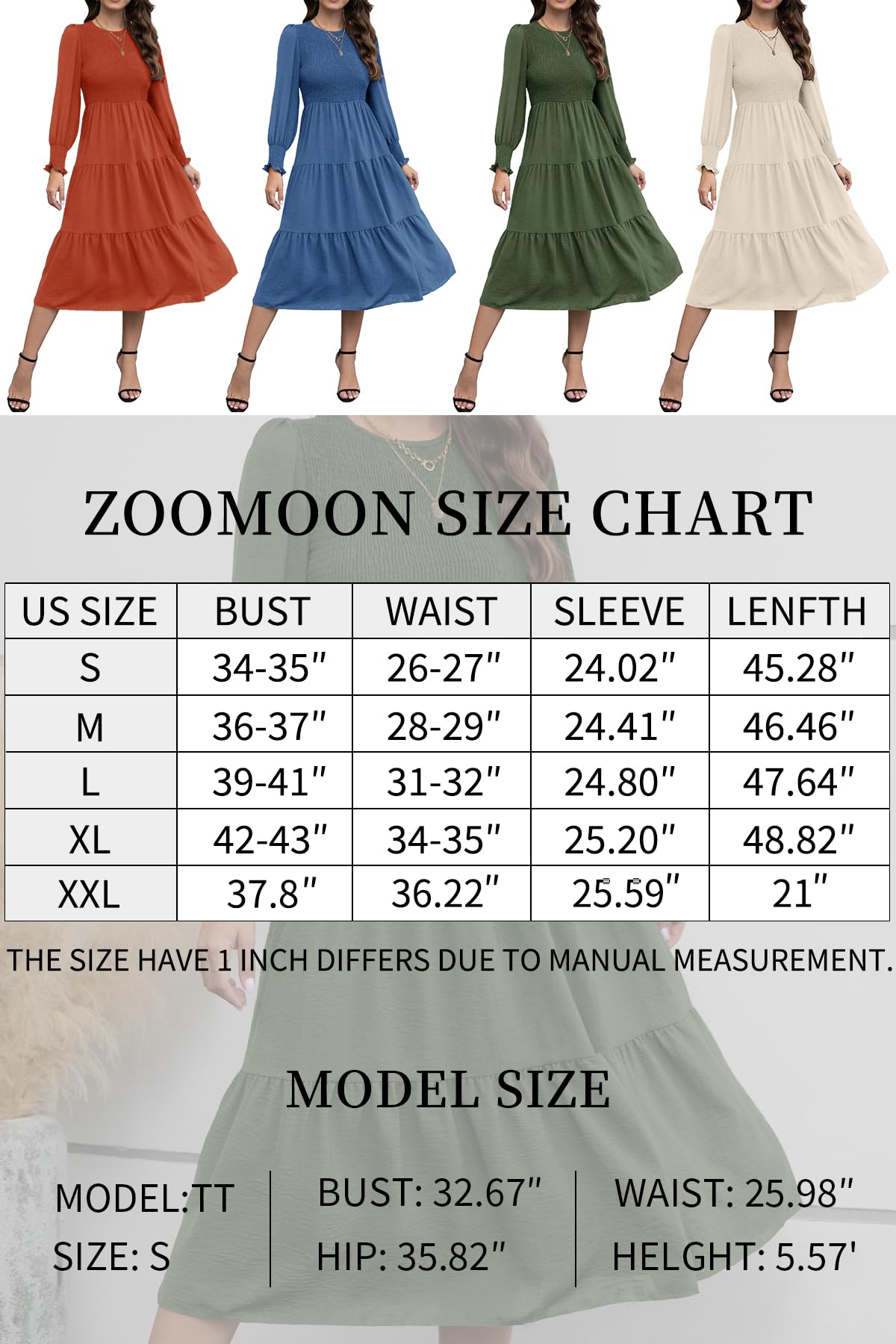 ZOOMOON Women’s Smocked Puff Sleeve Dress 2025 Fall Winter Crewneck Tiered Midi Flowy Dresses(Beige,XL)