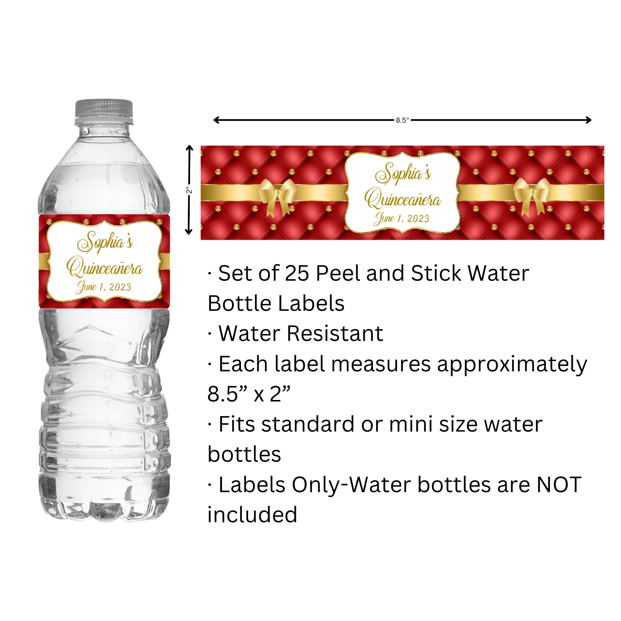 Personalized Water Bottle Labels, Birthday Party Favors, Pack of 25 Peel and Stick Waterproof Wrappers (Red)